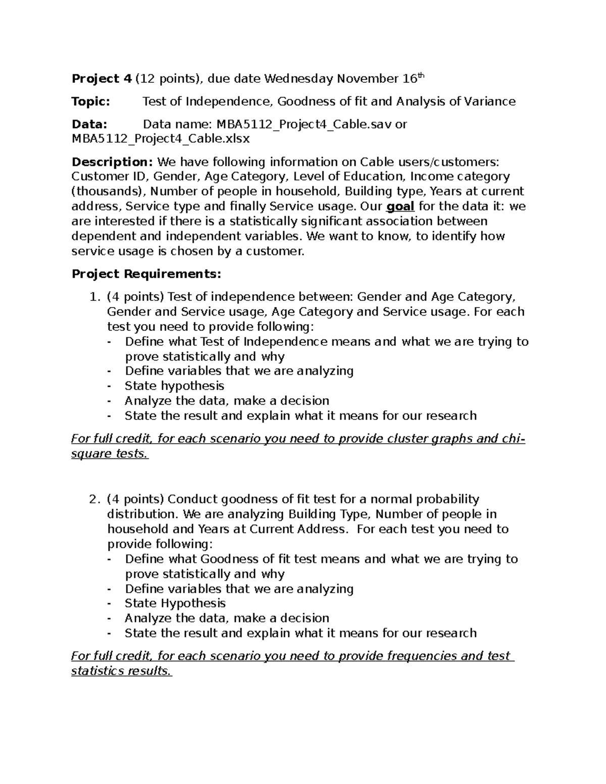 MBA5112 Project 4 - Statistics - Project 4 (12 points), due date ...