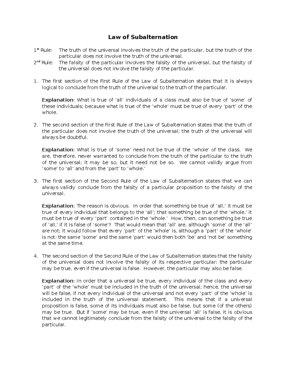 Q and A Square of Opposition - Law of Subalternation 1 st Rule: The ...