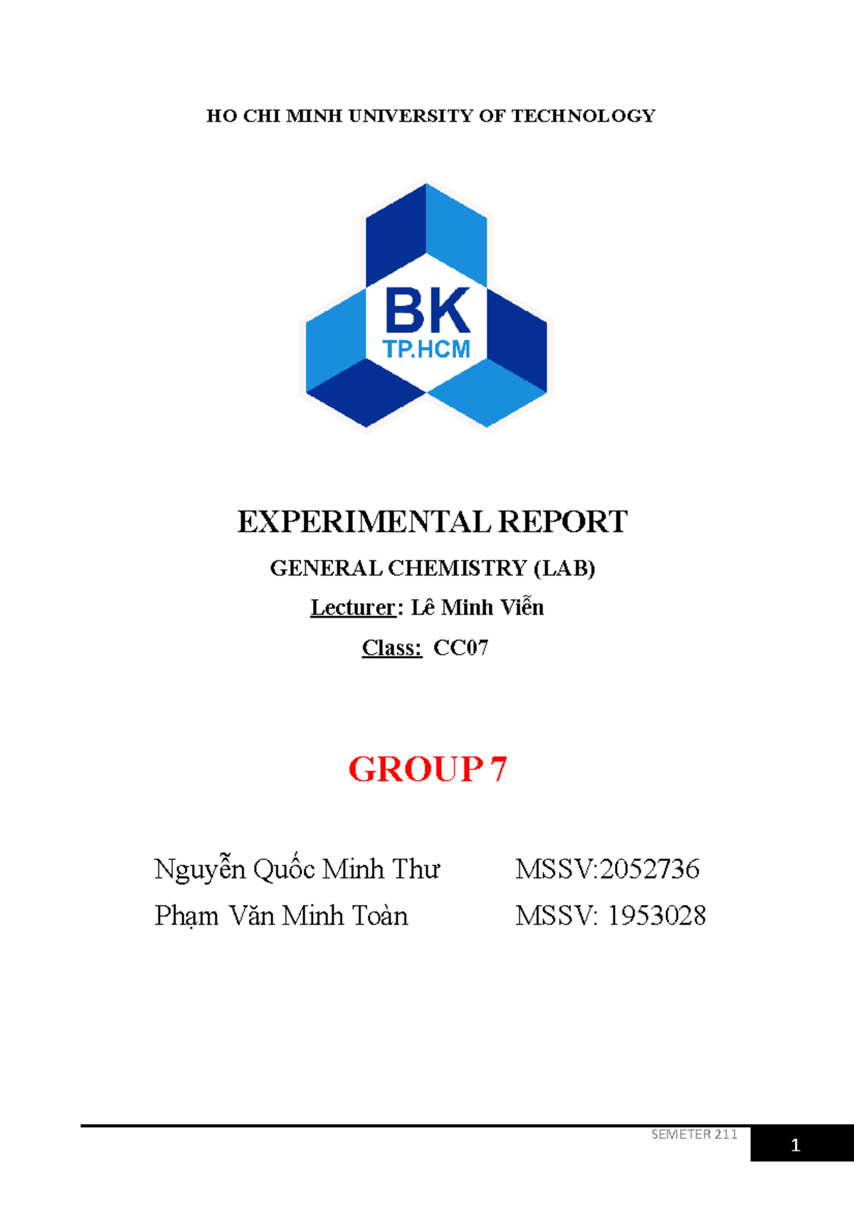 Chemistry report - SEMETER 211 HO CHI MINH UNIVERSITY OF TECHNOLOGY ...