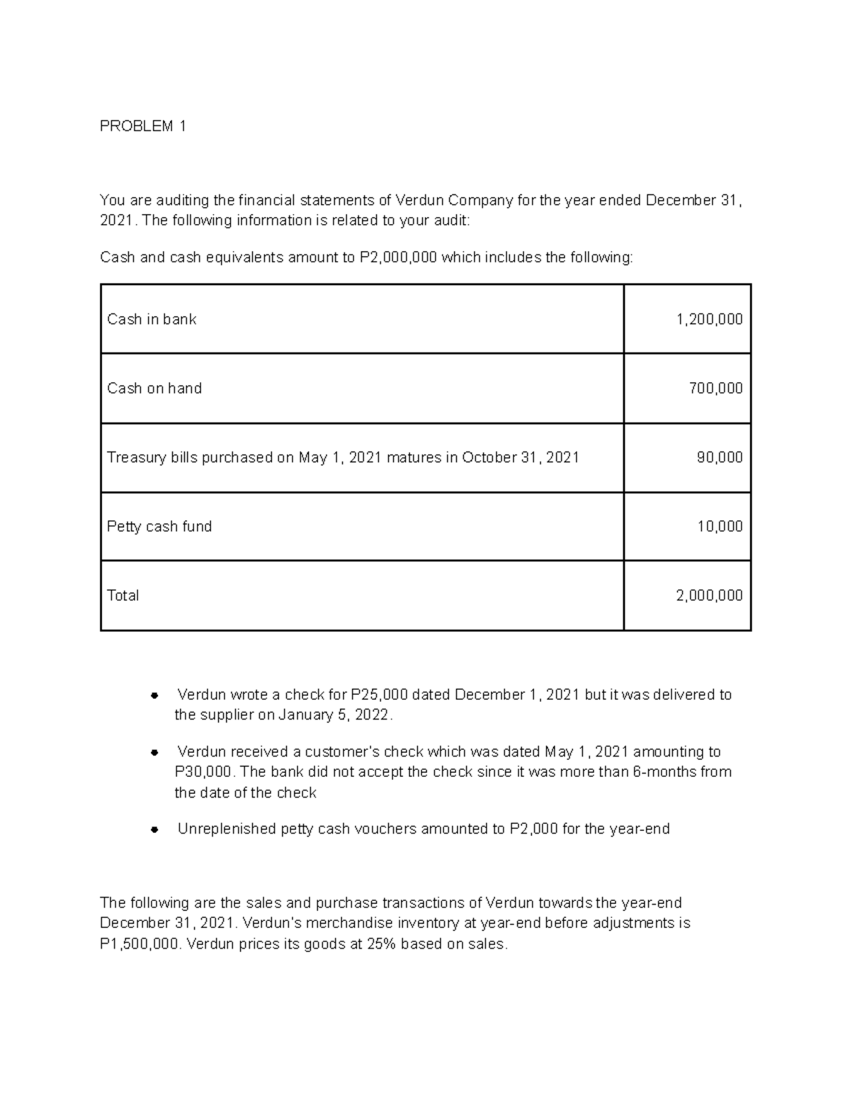 RP Working- Capital- Audit - PROBLEM 1 You are auditing the financial statements of Verdun ...