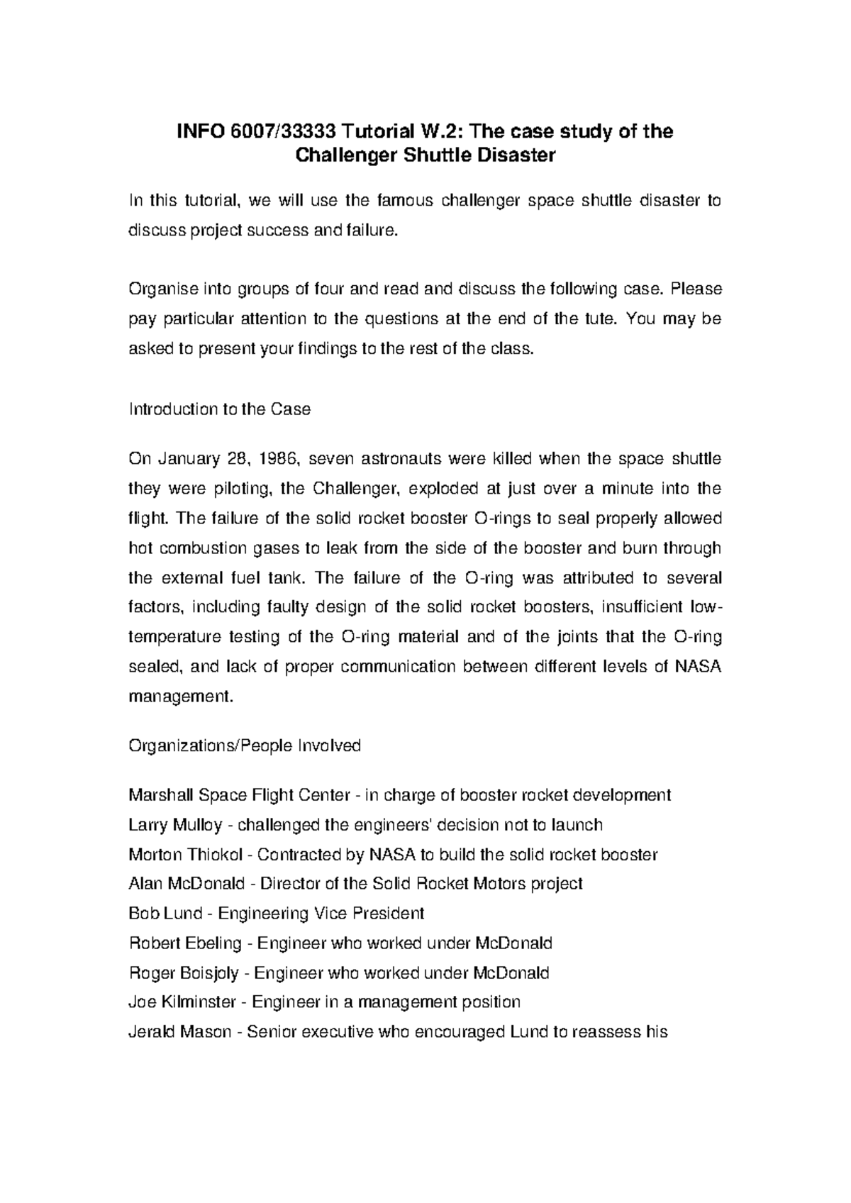 Tute Week 2 (Project Success and Failure) - INFO 6007/33333 Tutorial W ...