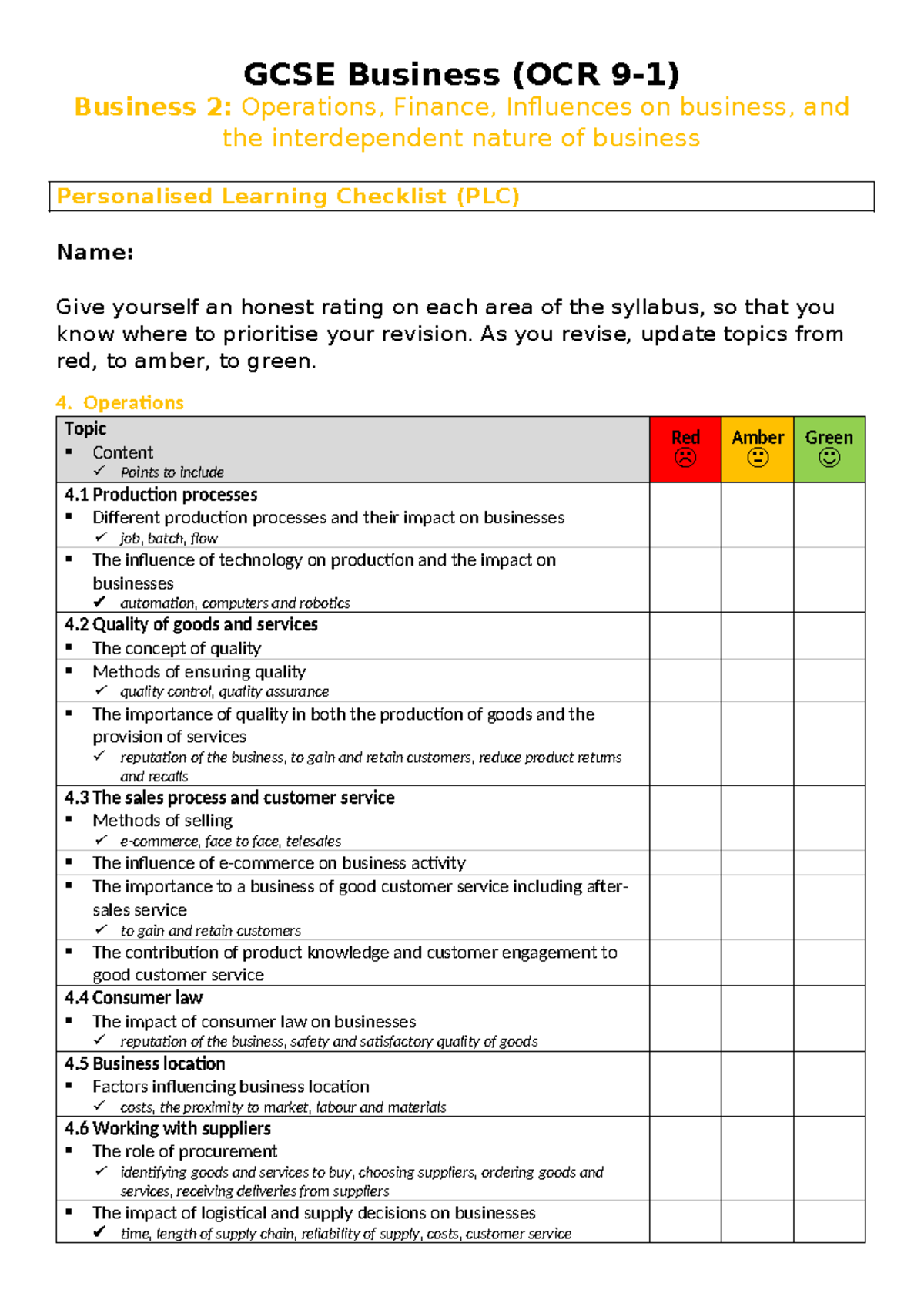 GCSE Business (OCR 9-1) Year 11 PLC Homework Checklist - GCSE Business ...