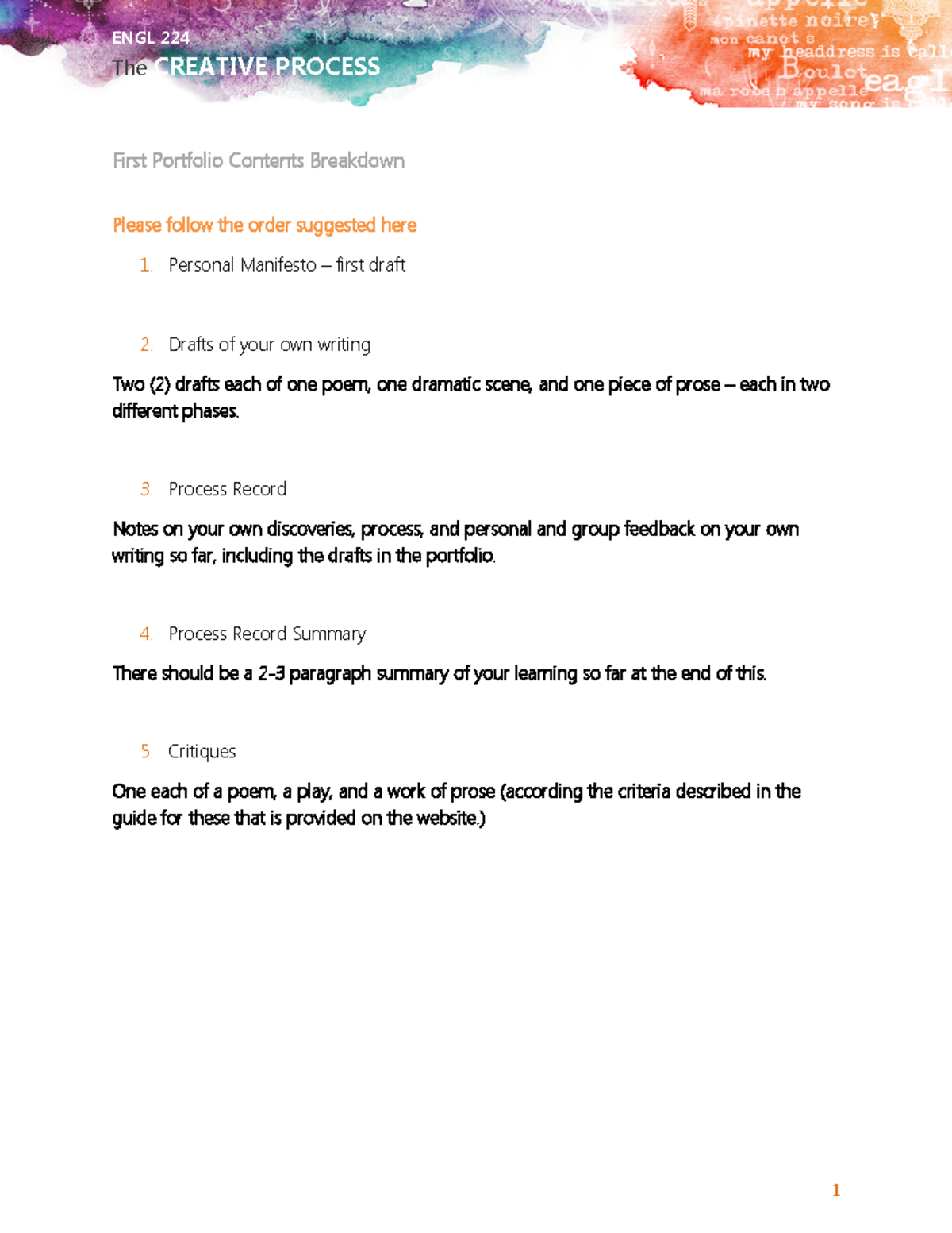First portfolio contents - ENGL 224 The CREATIVE PROCESS 1 First ...
