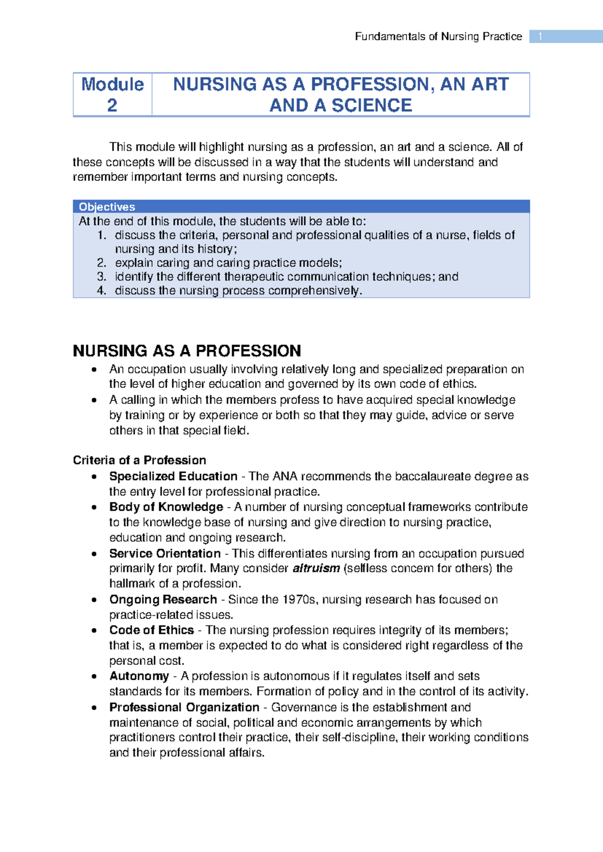 NCM 103 Module 2 - BSN - Module 2 NURSING AS A PROFESSION, AN ART AND A ...