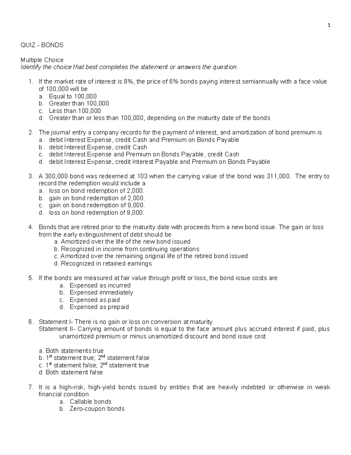 QUIZ-Bonds-Payable - N/A - QUIZ - BONDS Multiple Choice Identify the ...