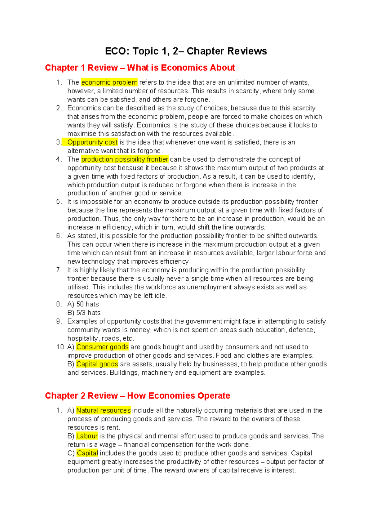 ECO-T1- Chapter Reviews - ECO: Topic 1, 2– Chapter Reviews Chapter 1 ...