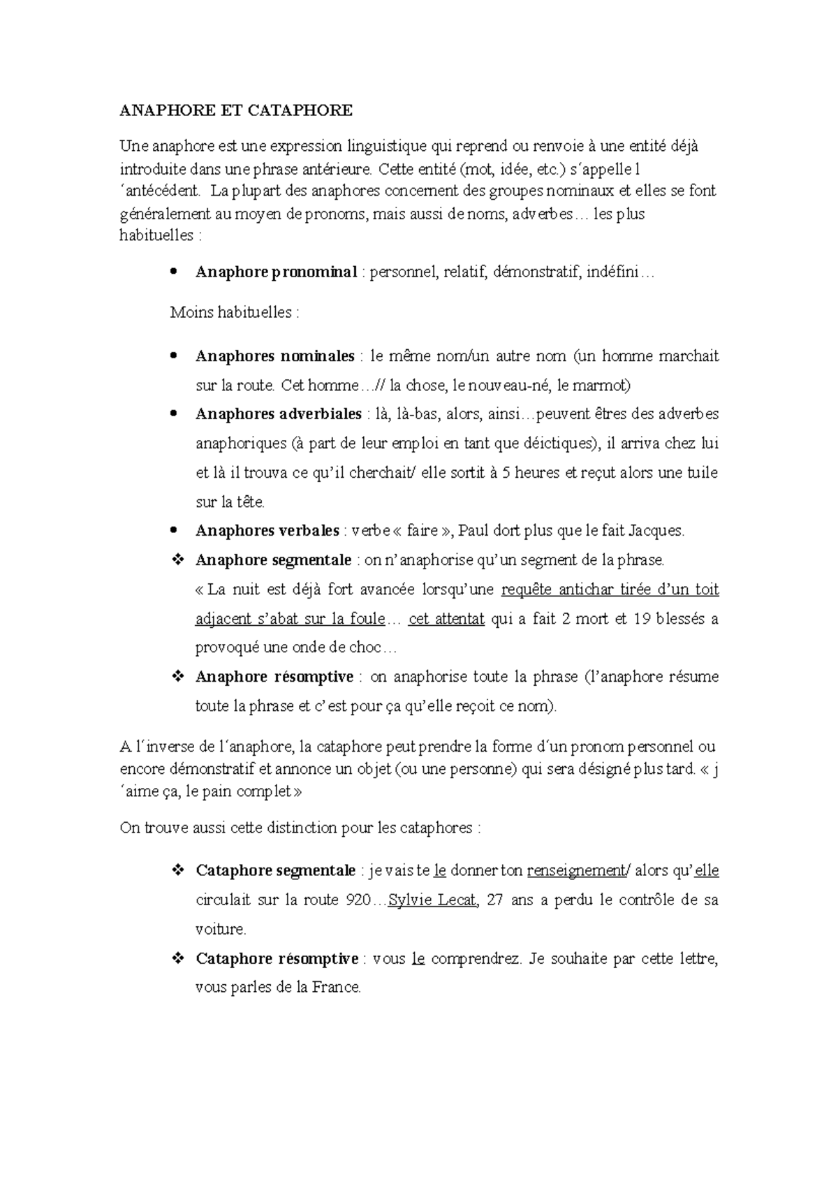 Anaphore ET Cataphore - ANAPHORE ET CATAPHORE Une anaphore est une ...