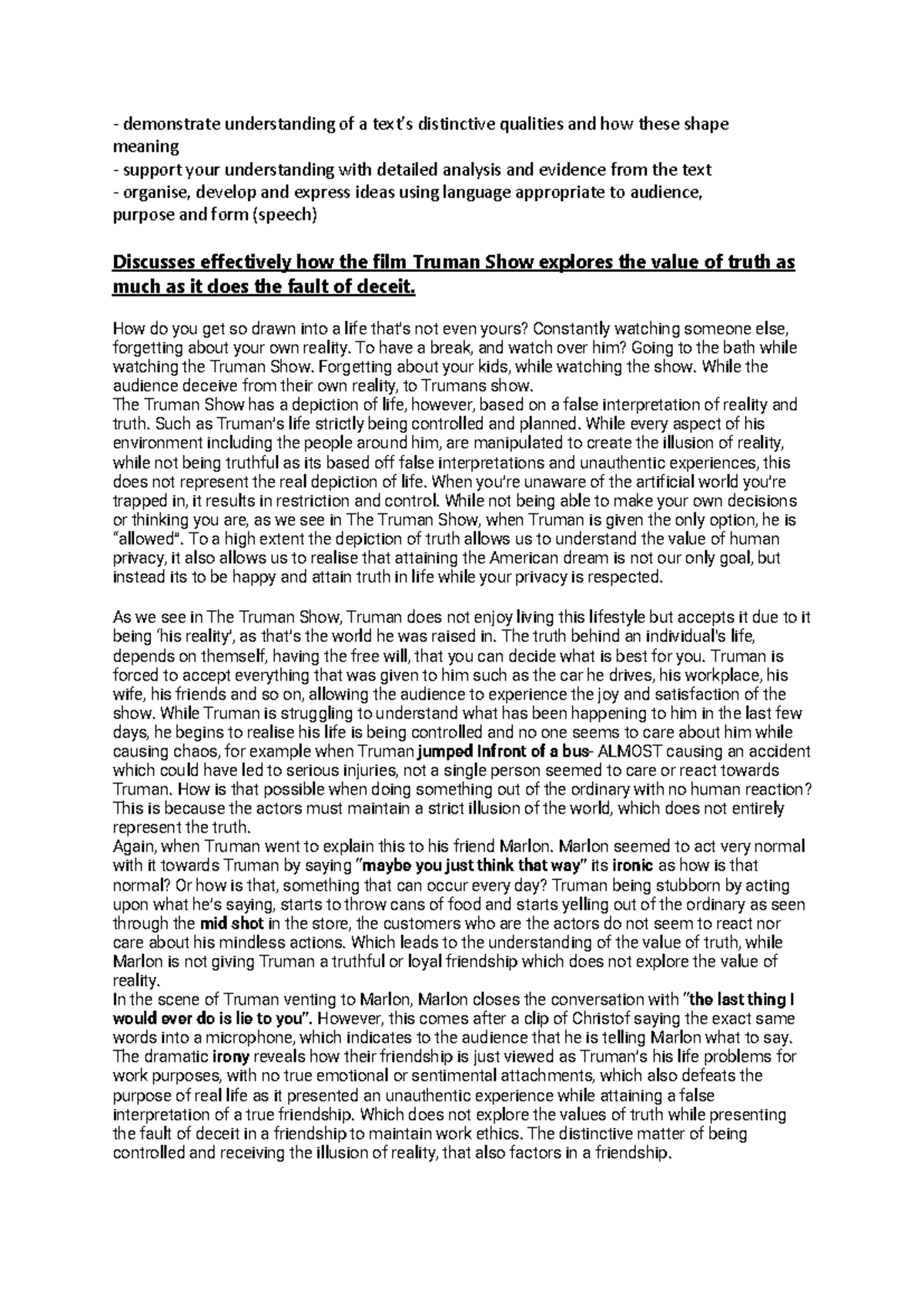 Module C exam prep - Truman Show Essay Mod C - demonstrate ...