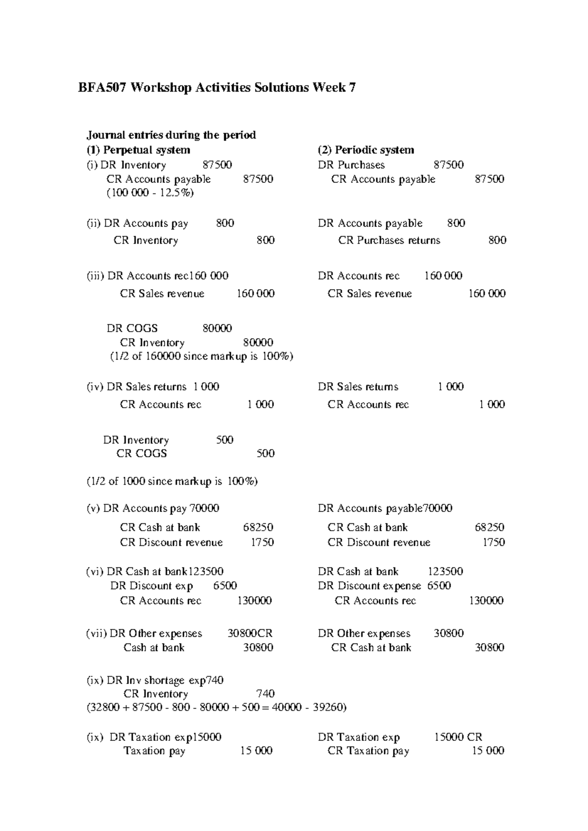 BFA507 Week 7 Workshop Activities Solutions - Journal entries during ...