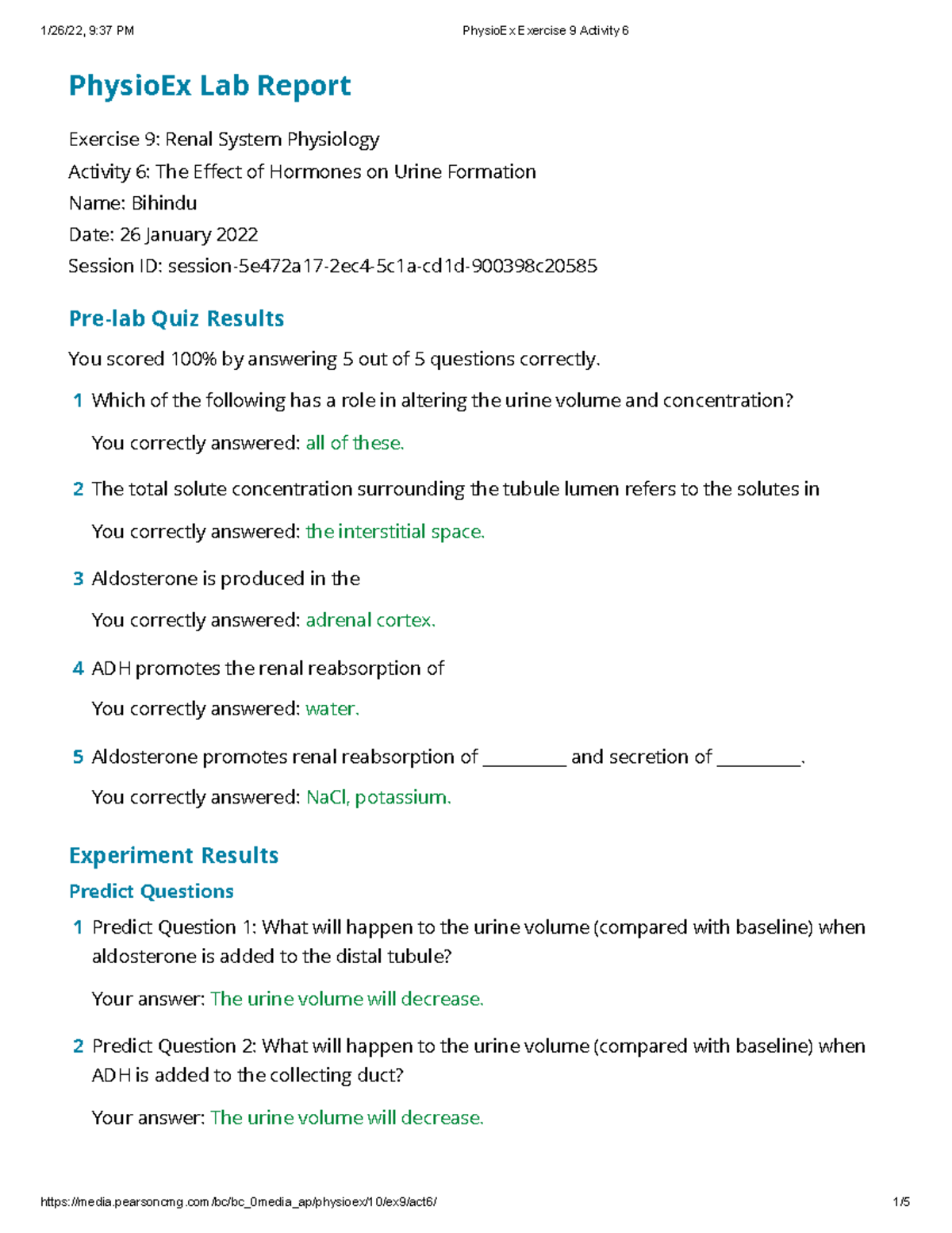 The Eﬀect Of Hormones On Urine Formation Physioex Lab Report Exercise