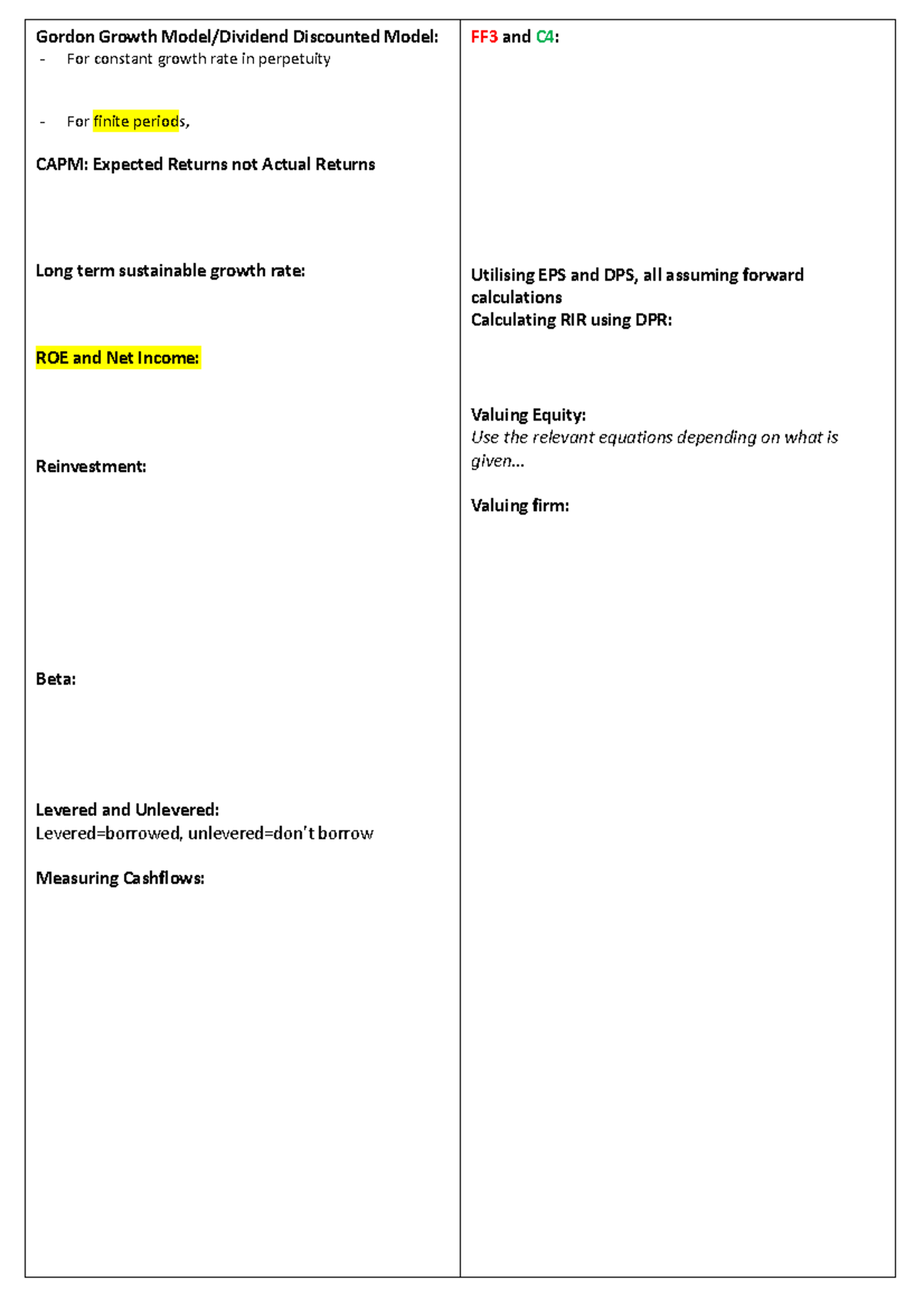 Test 2 - Cheat Sheet - FF3 and C4: Utilising EPS and DPS, all assuming ...