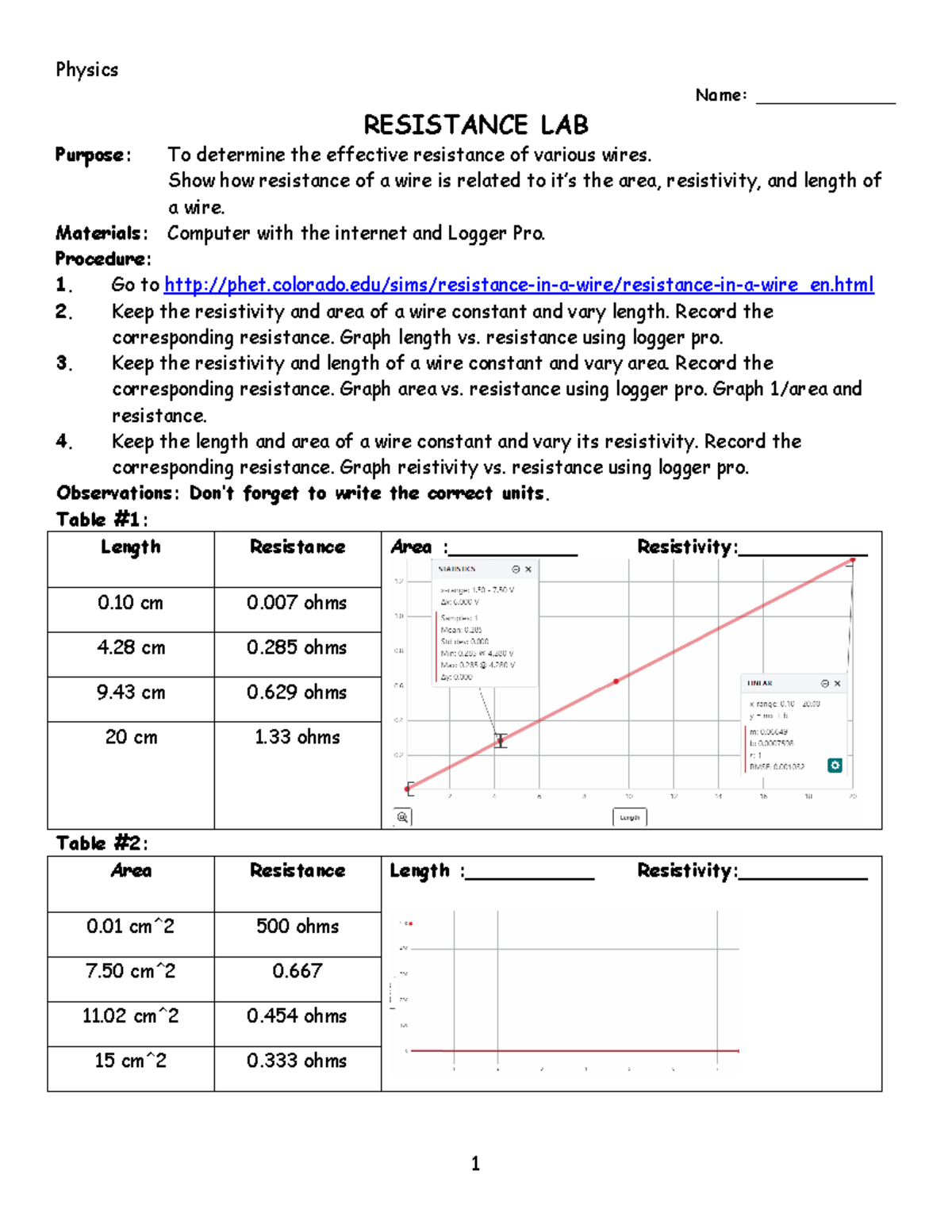 Resistance phet lab - nothing - Physics Name: _____________ RESISTANCE ...