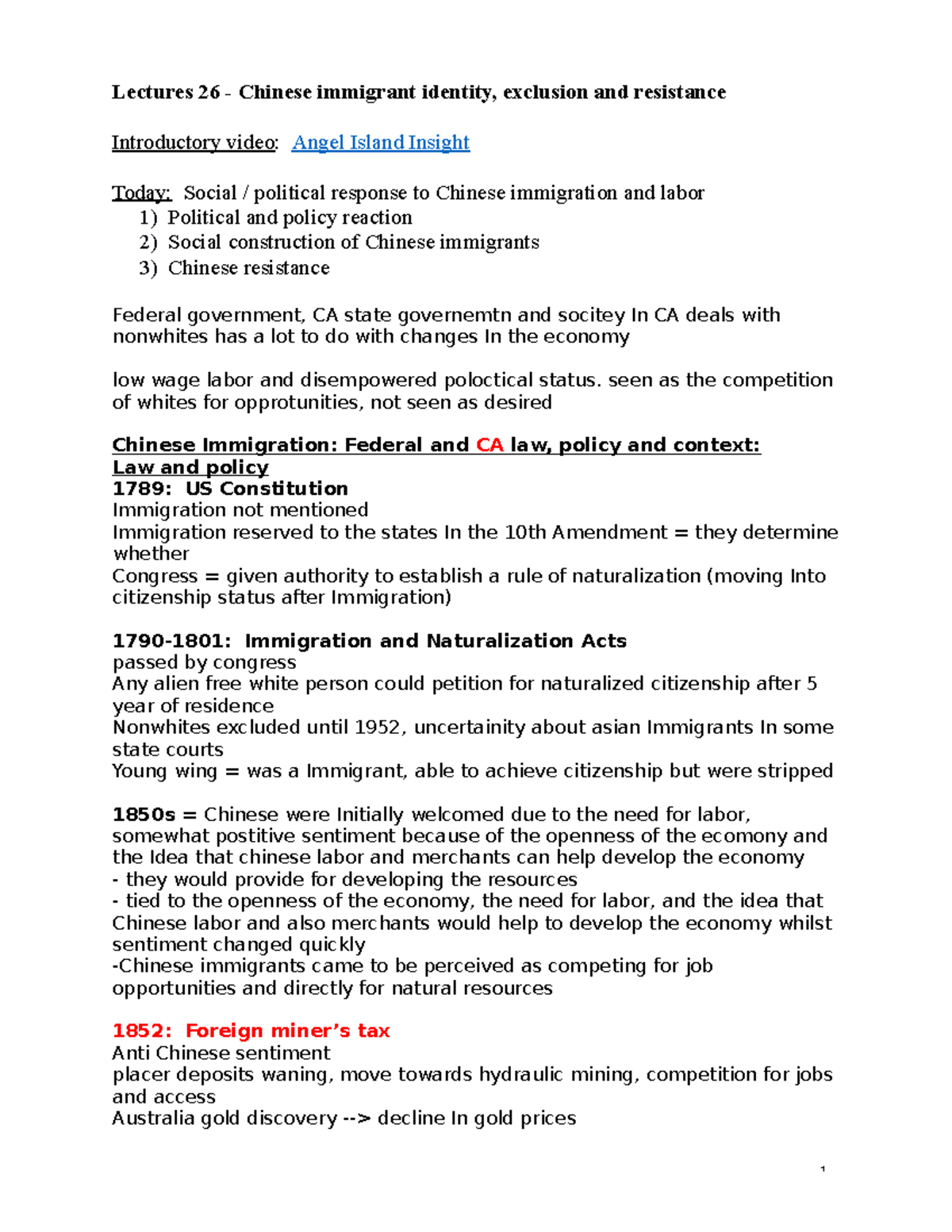 Lecture 26 Chinese immigrant identity, exclusion and resistance - Lectures 26 - Chinese ...