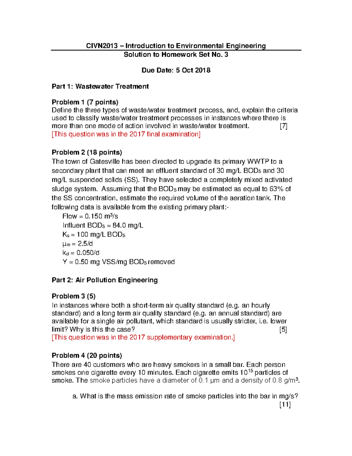 Homework Assignment 3 Problem Statements - CIVN2013 – Introduction to Environmental Engineering ...