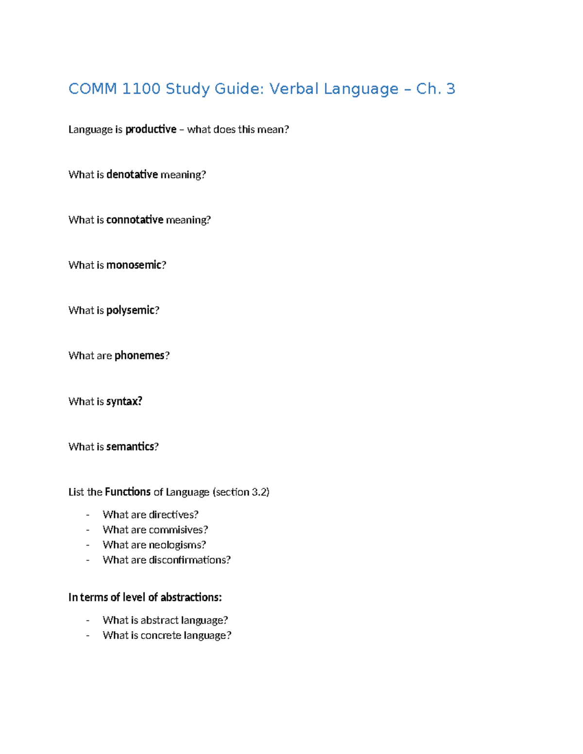 Chapter 3 Study Guide - COMM 1100 Study Guide: Verbal Language – Ch. 3 ...