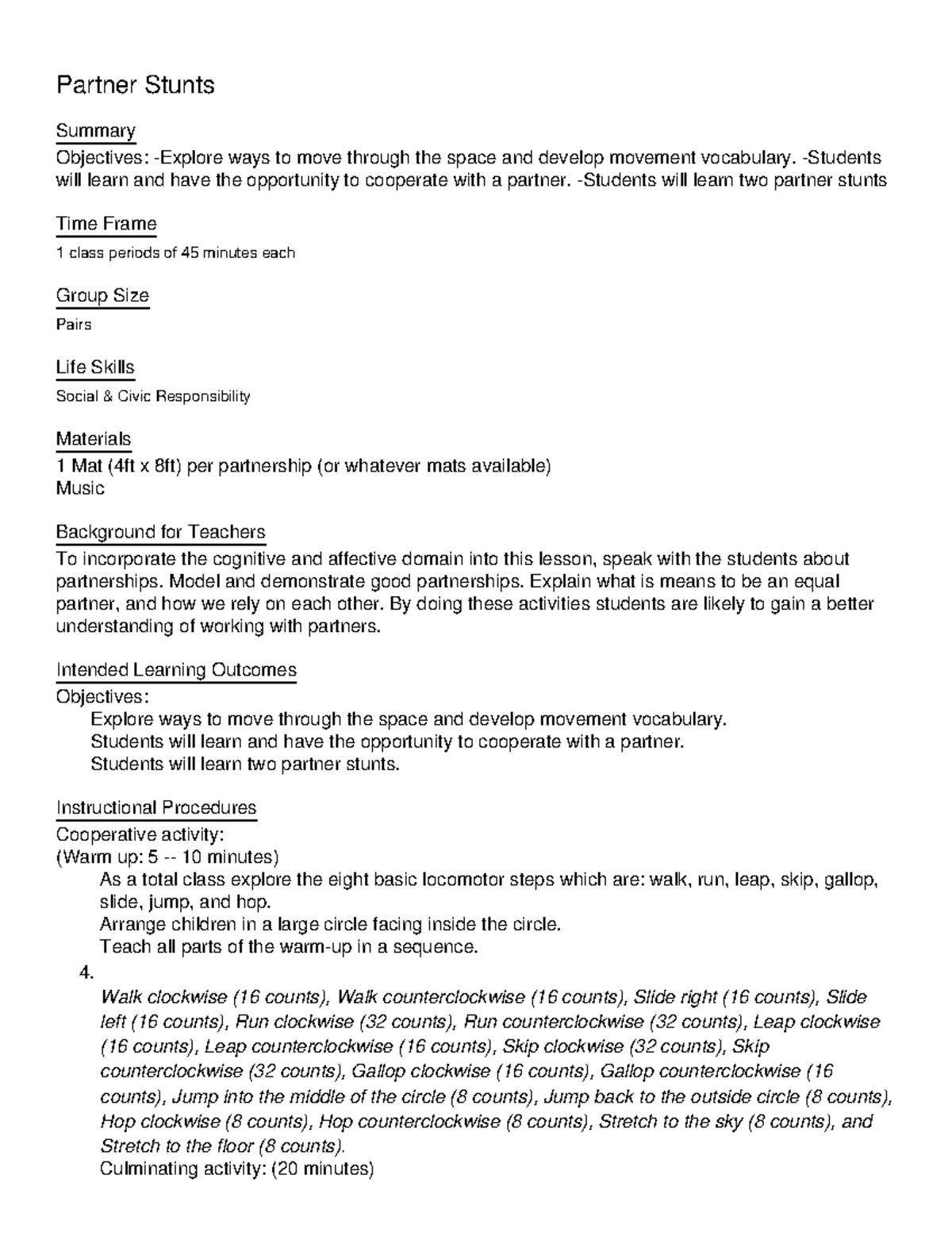 16289 - For PE - 4. Partner Stunts Summary Objectives: -Explore ways to ...
