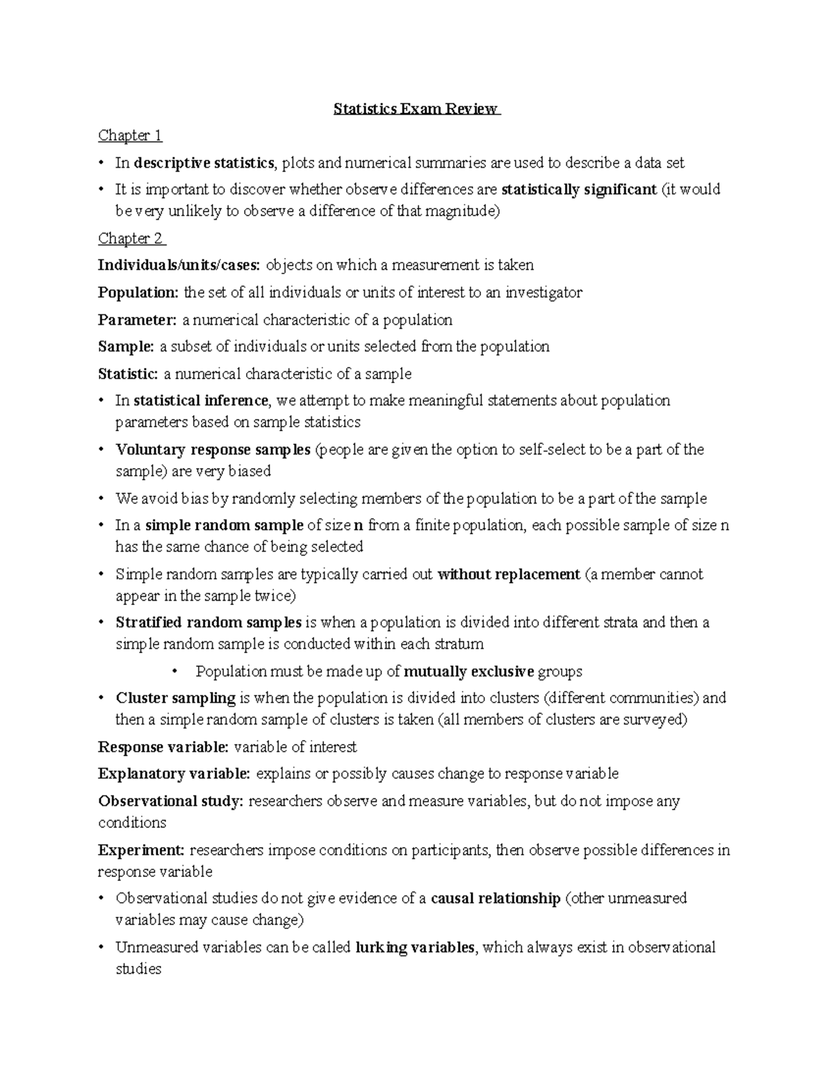 Statistics Exam Review - Statistics Exam Review Chapter 1 In ...