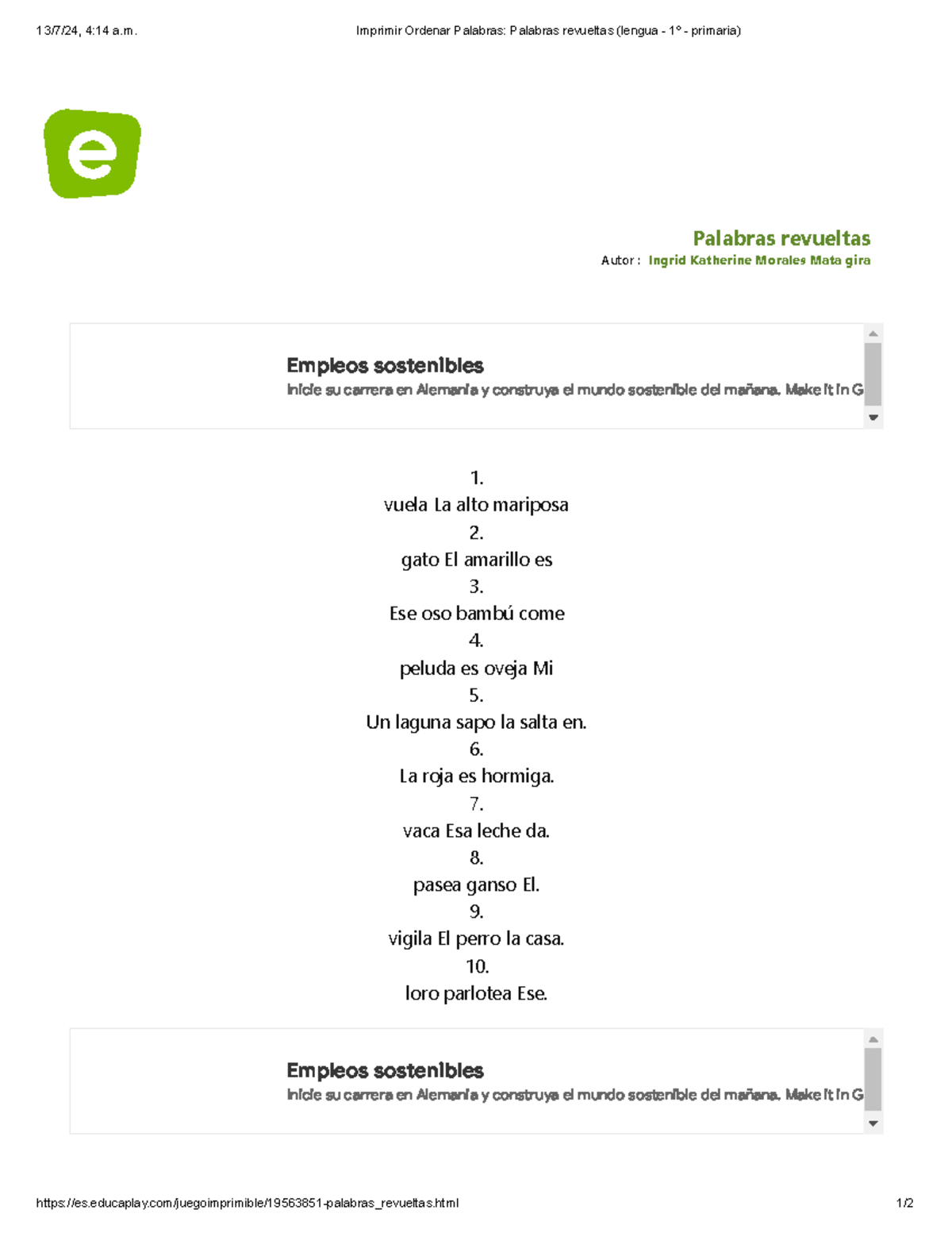 Juegos De Palabras Revueltas Para Imprimir