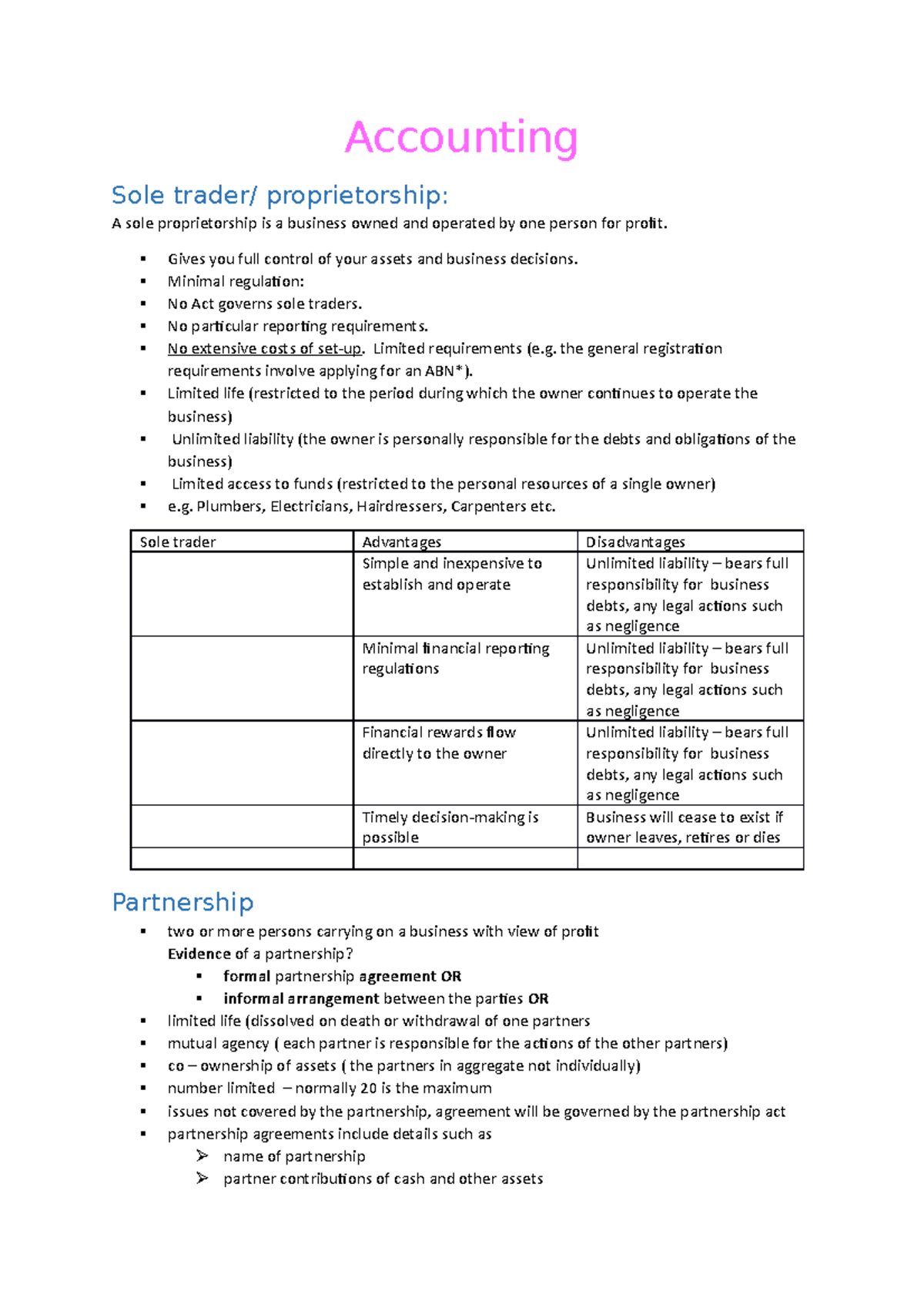 Accounting notes - Accounting Sole trader/ proprietorship: A sole ...