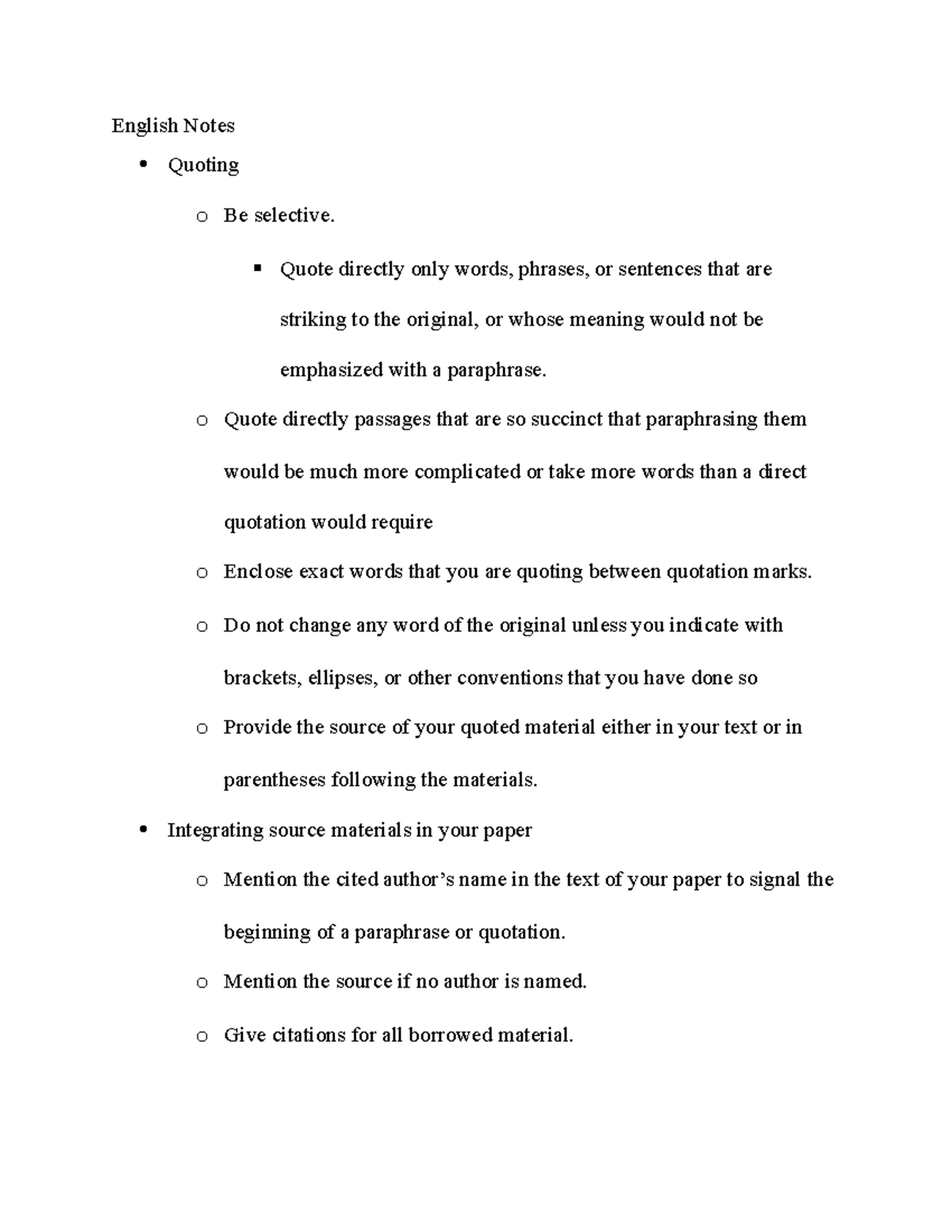 English Notes 2- Quoting - English Notes Quoting o Be selective. Quote ...
