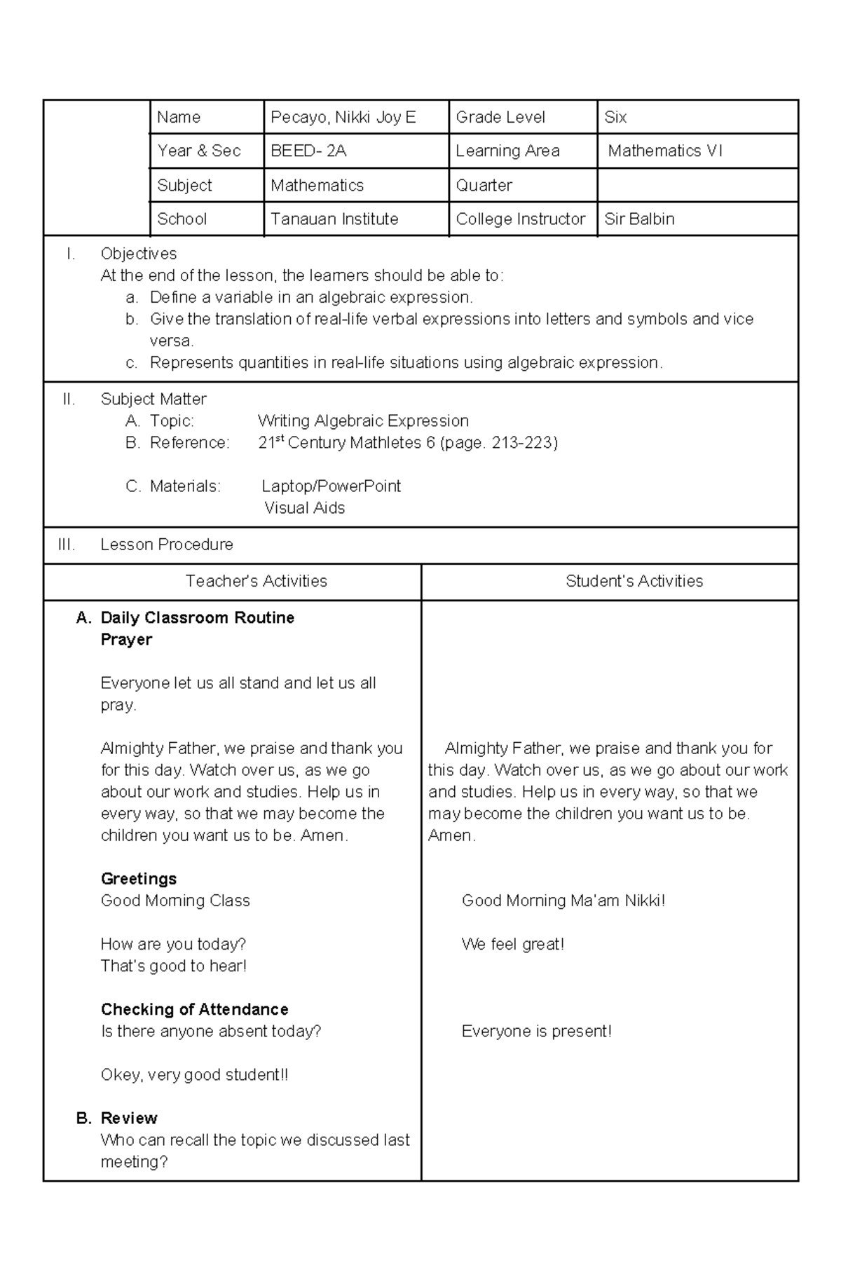 Nikki dlp in Math - Detailed Lesson Plan - Name Pecayo, Nikki Joy E ...