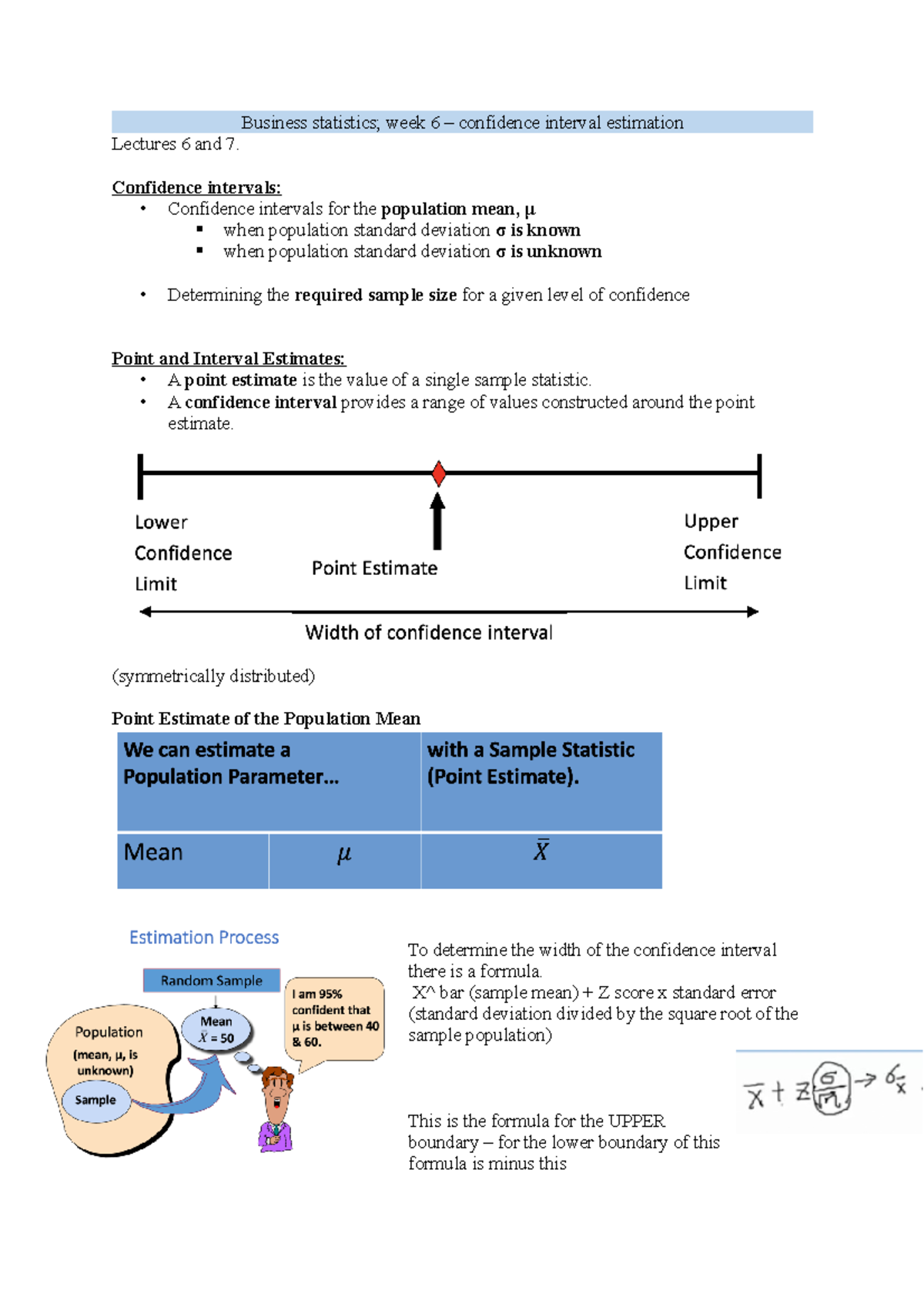 Business statistics -week 6 confidence interval estimation - Business statistics; week 6 – - Studocu