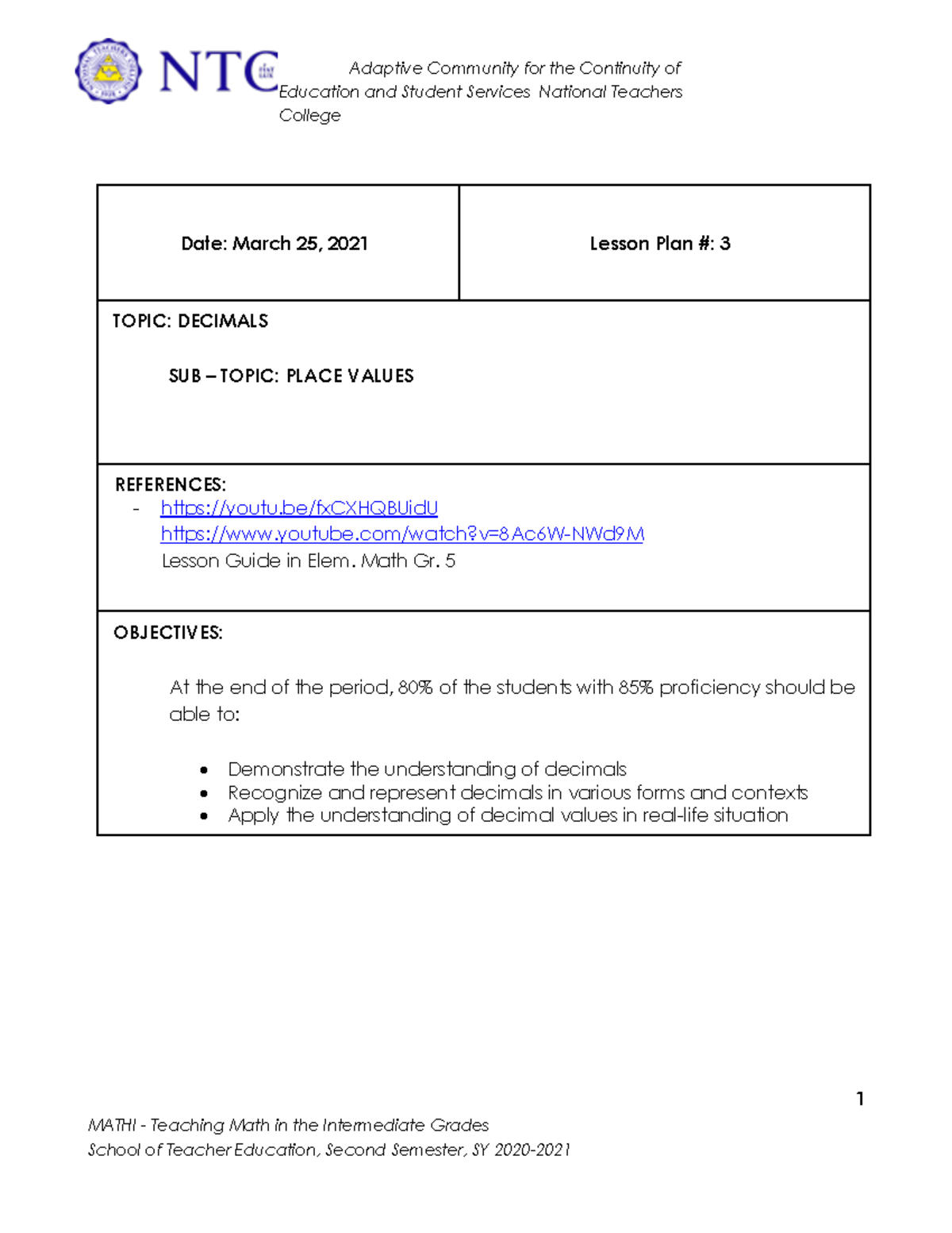 Teaching Math In The Intermediate Grade Lesson Plan Adaptive