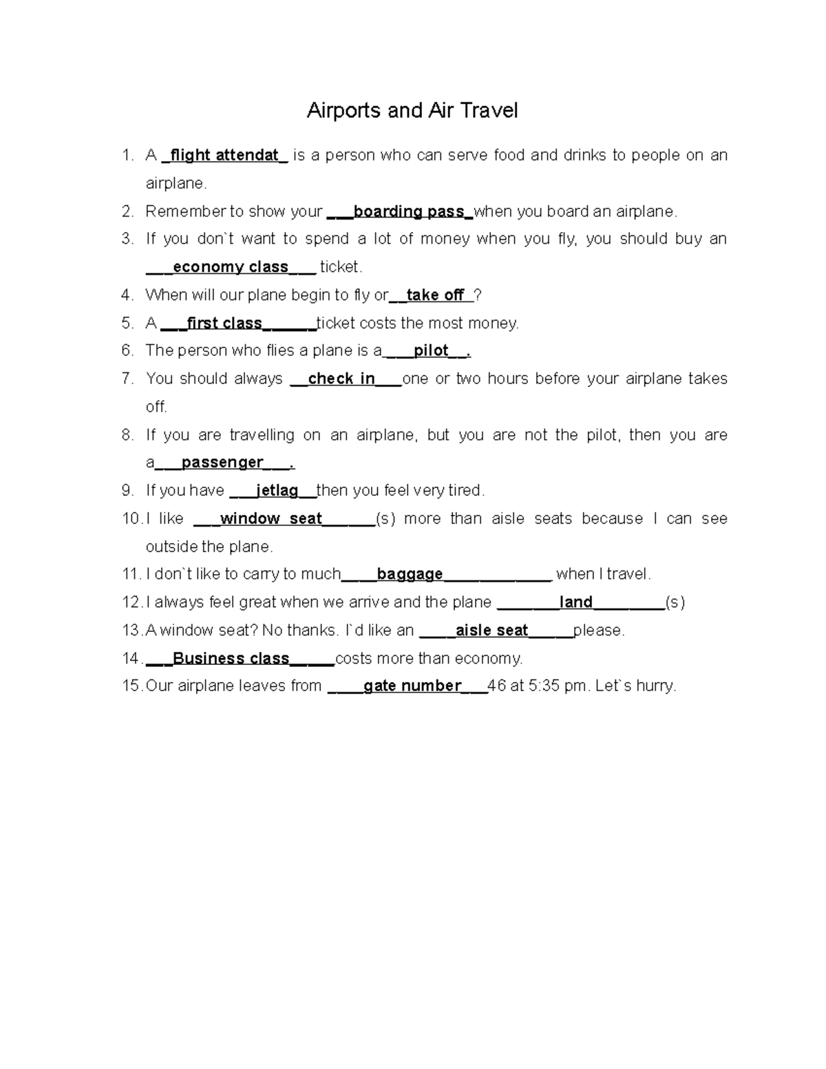 Airports and Air Travel Worksheet - Airports and Air Travel A flight ...