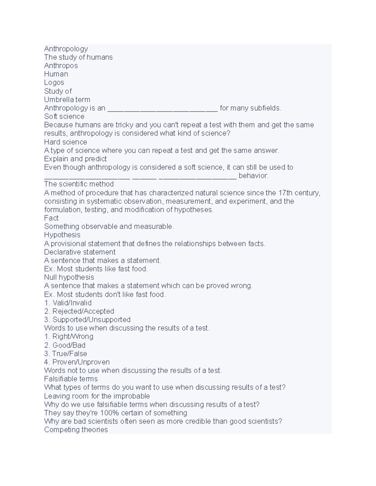 Anthroplogy vocab - Anthropology The study of humans Anthropos Human ...