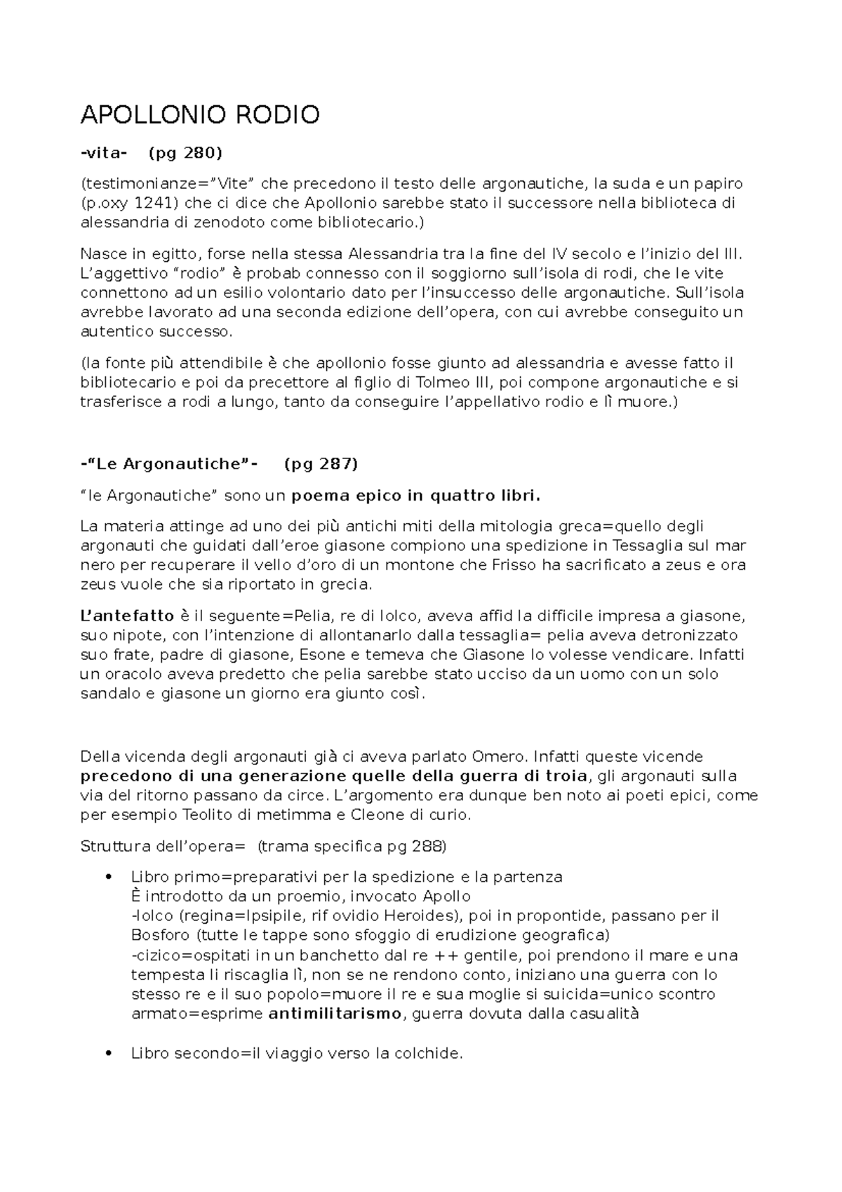 Riassunto Apollonio Rodio - APOLLONIO RODIO -vita- (pg 280 ...