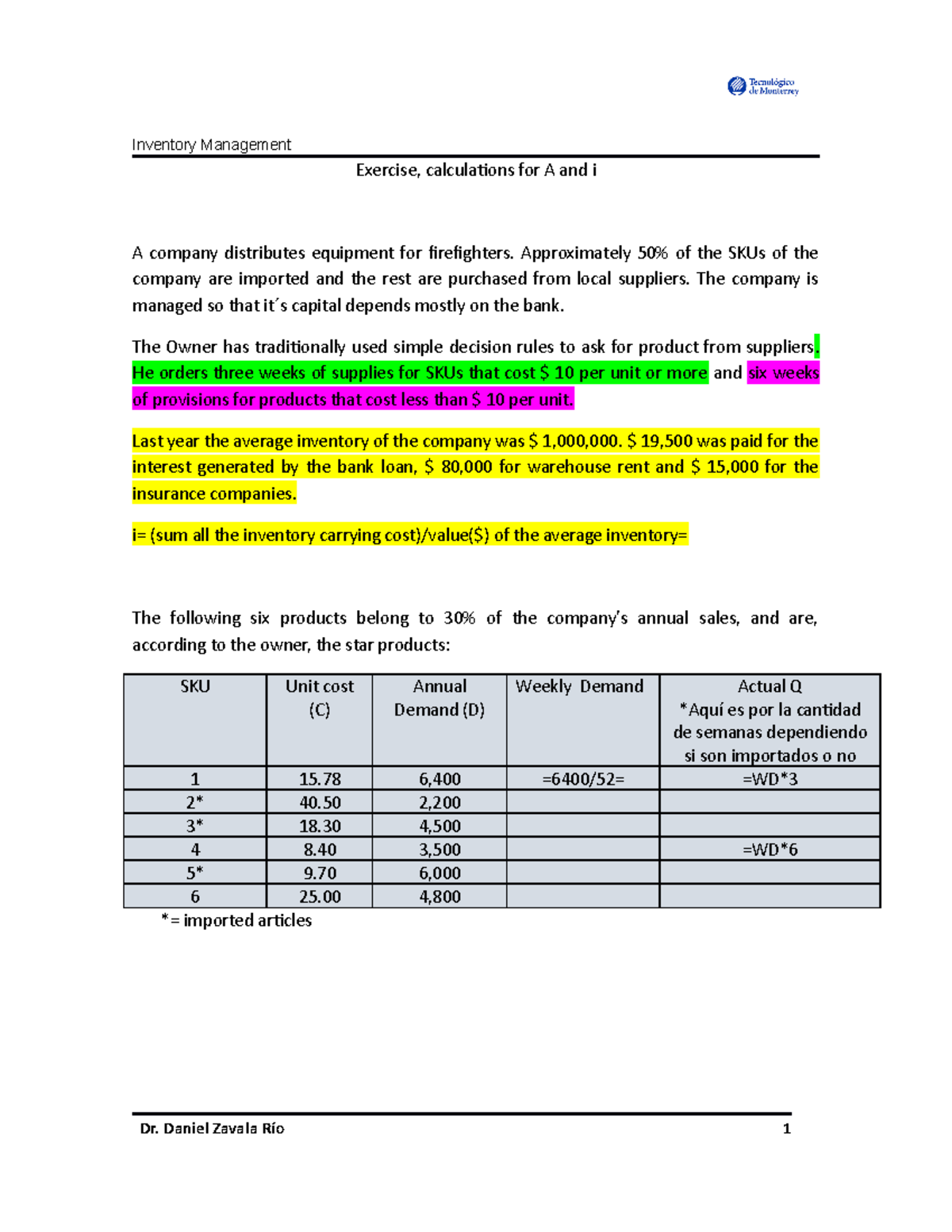 01.1 case for calculating A and i 210225 - Inventory Management Exercise, calculations for A and ...