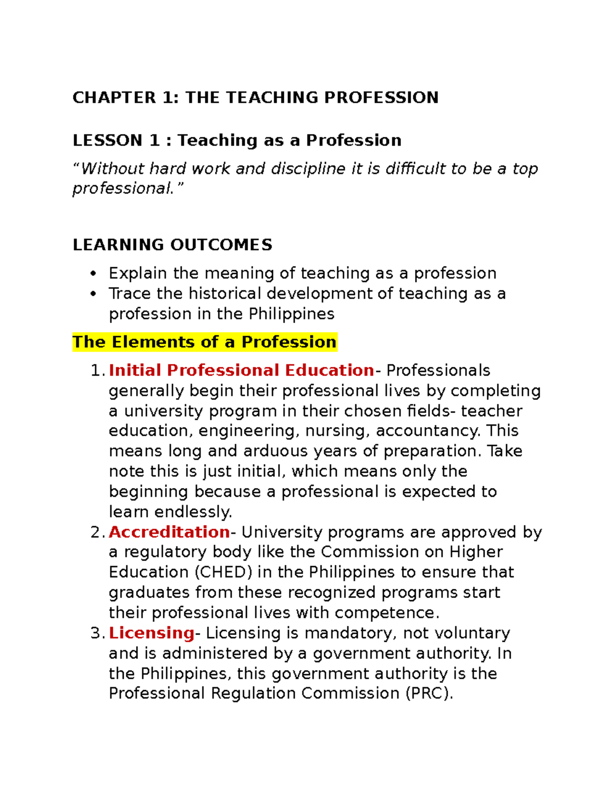 1 THE Teaching Profession - CHAPTER 1: THE TEACHING PROFESSION LESSON 1 ...