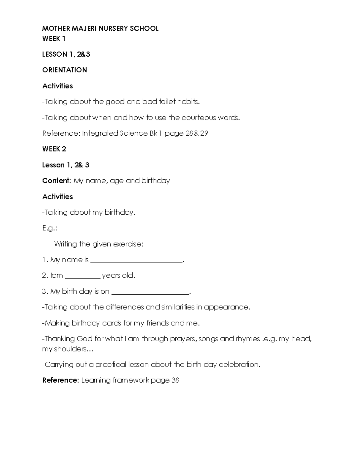 Mother Majeri Nursery School WEEK 1 Lesson 1, 2&3 - MOTHER MAJERI ...