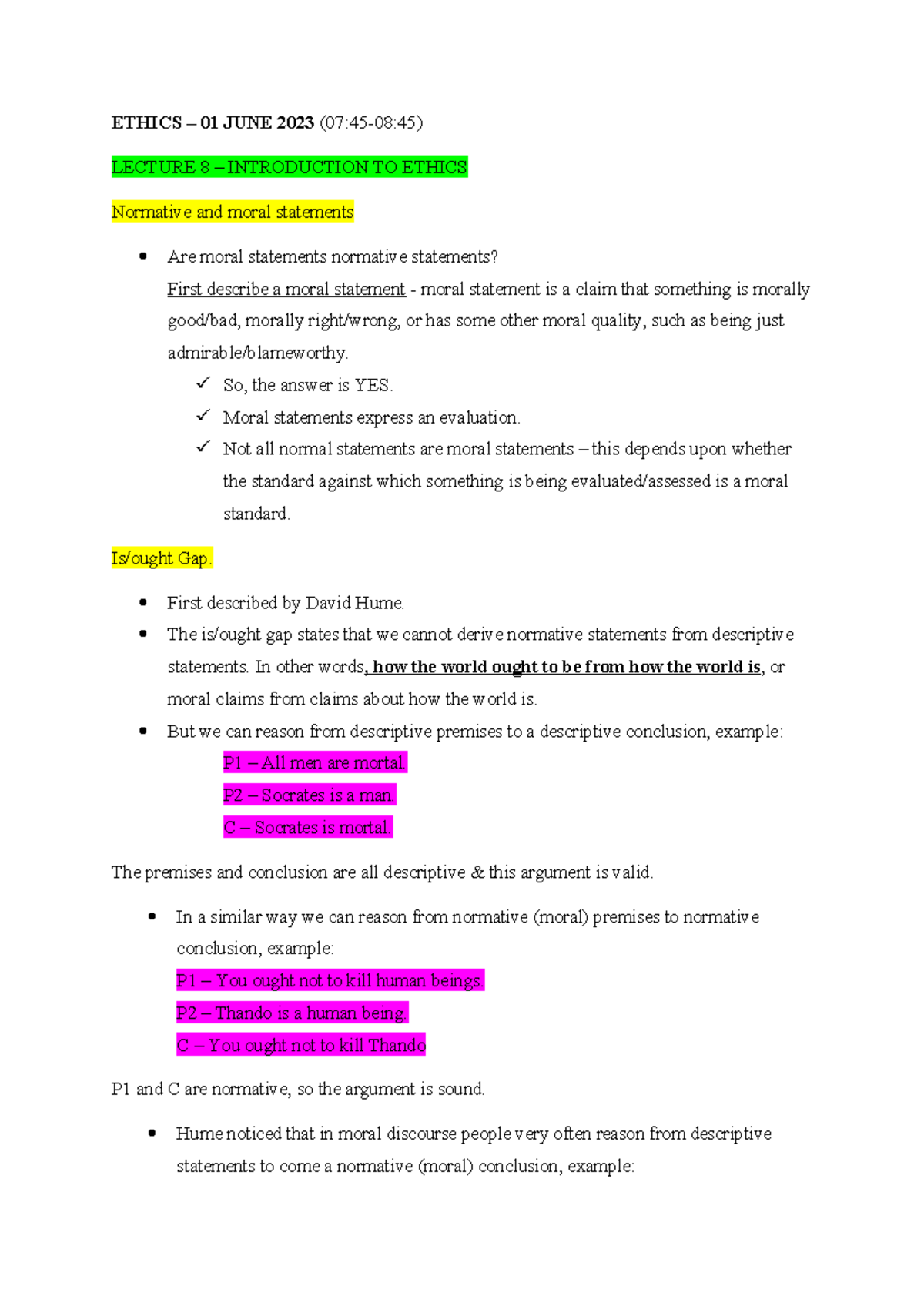 Ethics Lecture Notes Ethics 01 June 2023 07 45 08 45 Lecture 8