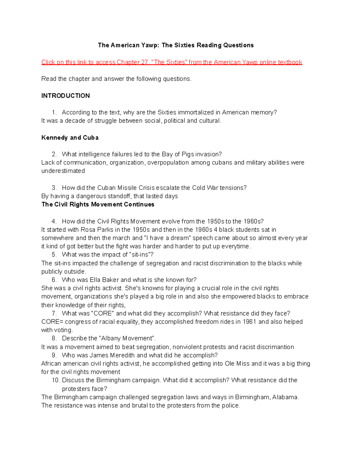 The American Yawp The Sixties Reading Questions - INTRODUCTION ...