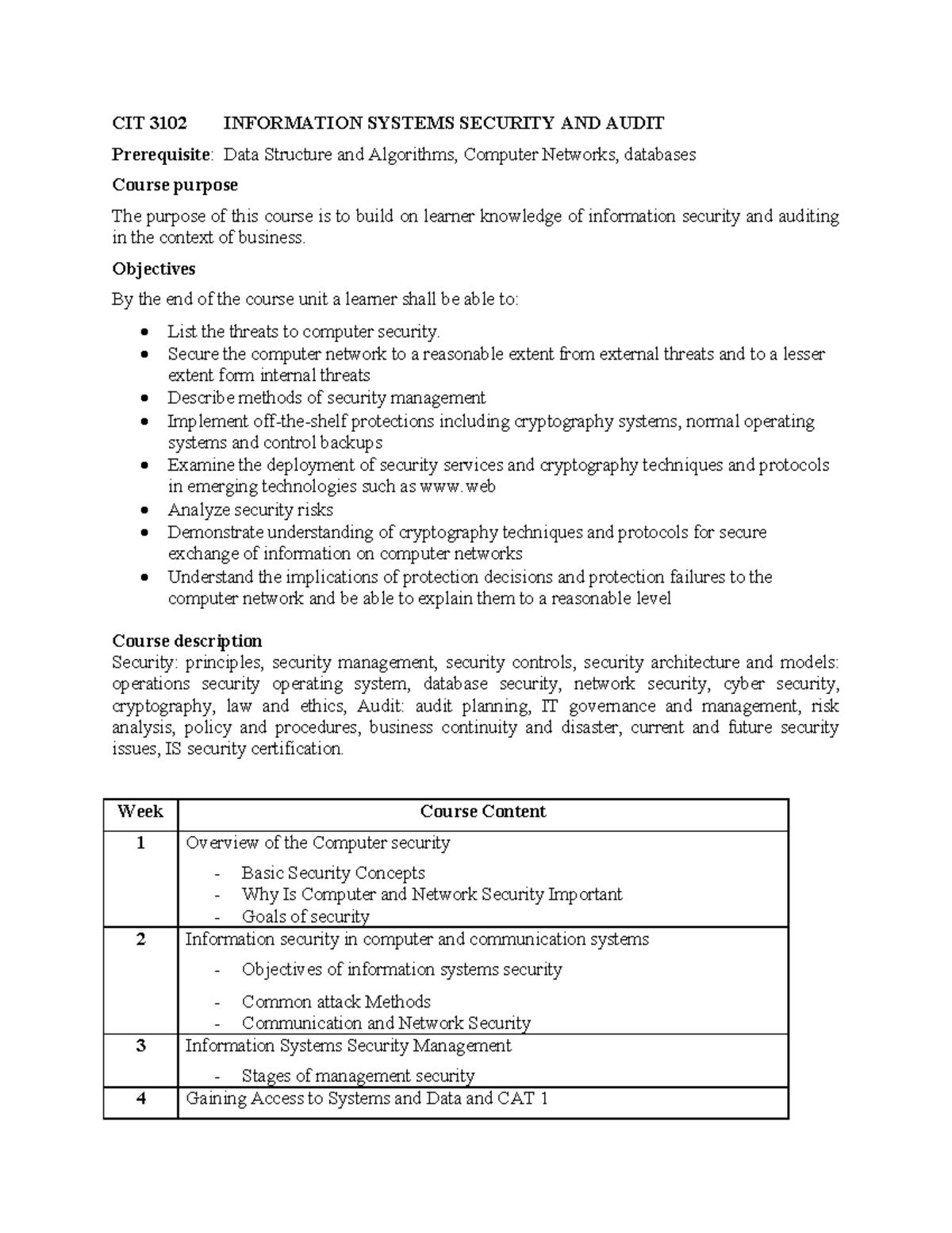 CIT 3102 Information System Security AND Audit Course Outline - CIT ...
