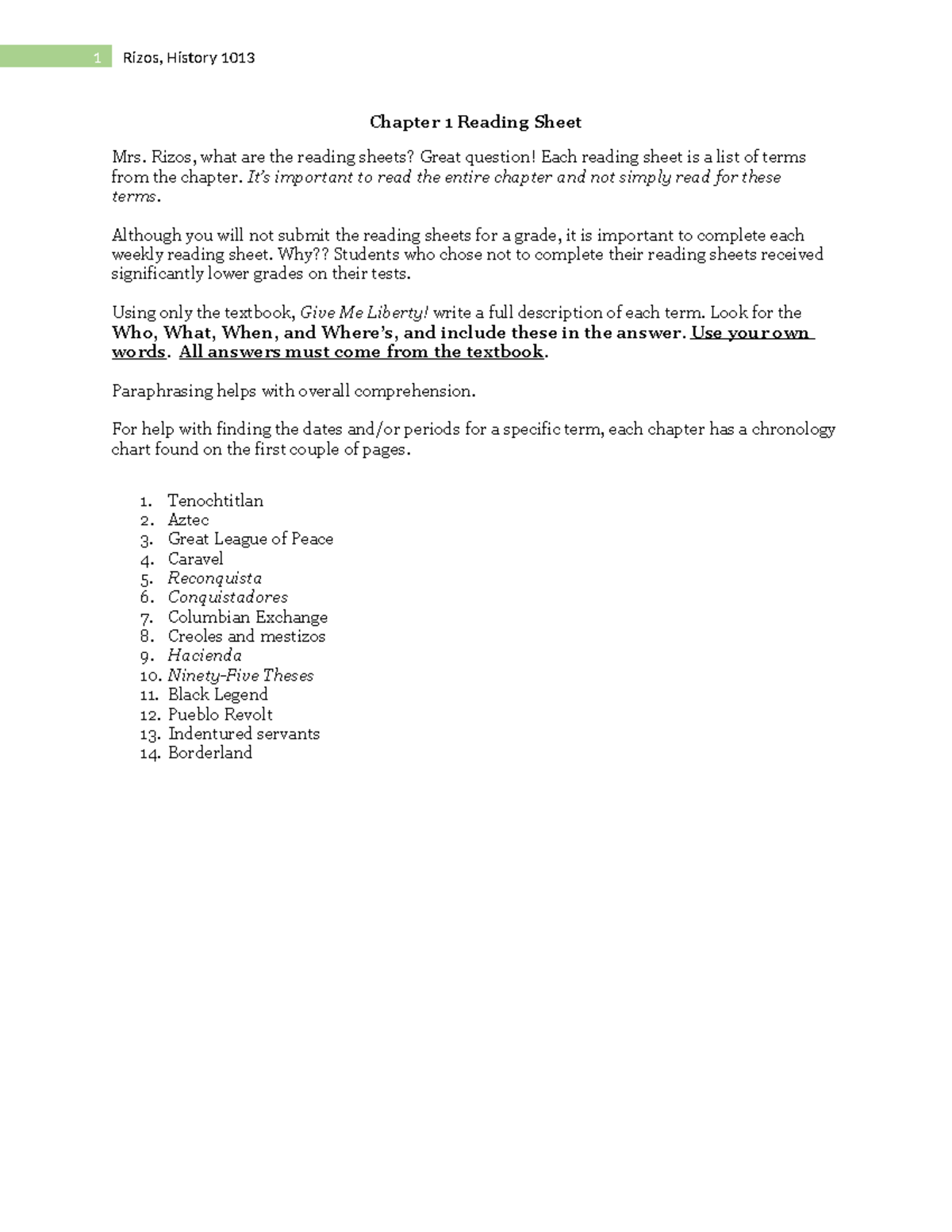1013 Ch 1 Reading Sheet 2022 - 1 Rizos, History 1013 Chapter 1 Reading ...