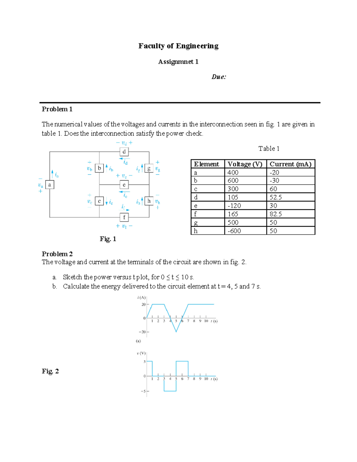 Assignmnet 1 Fall 2022 - Assignment - Problem 1 The numerical values of the voltages and ...