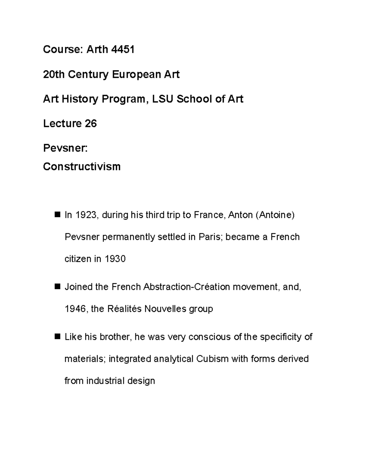 Pevsner - arth history 20th century contemporary arts notes from ppt ...