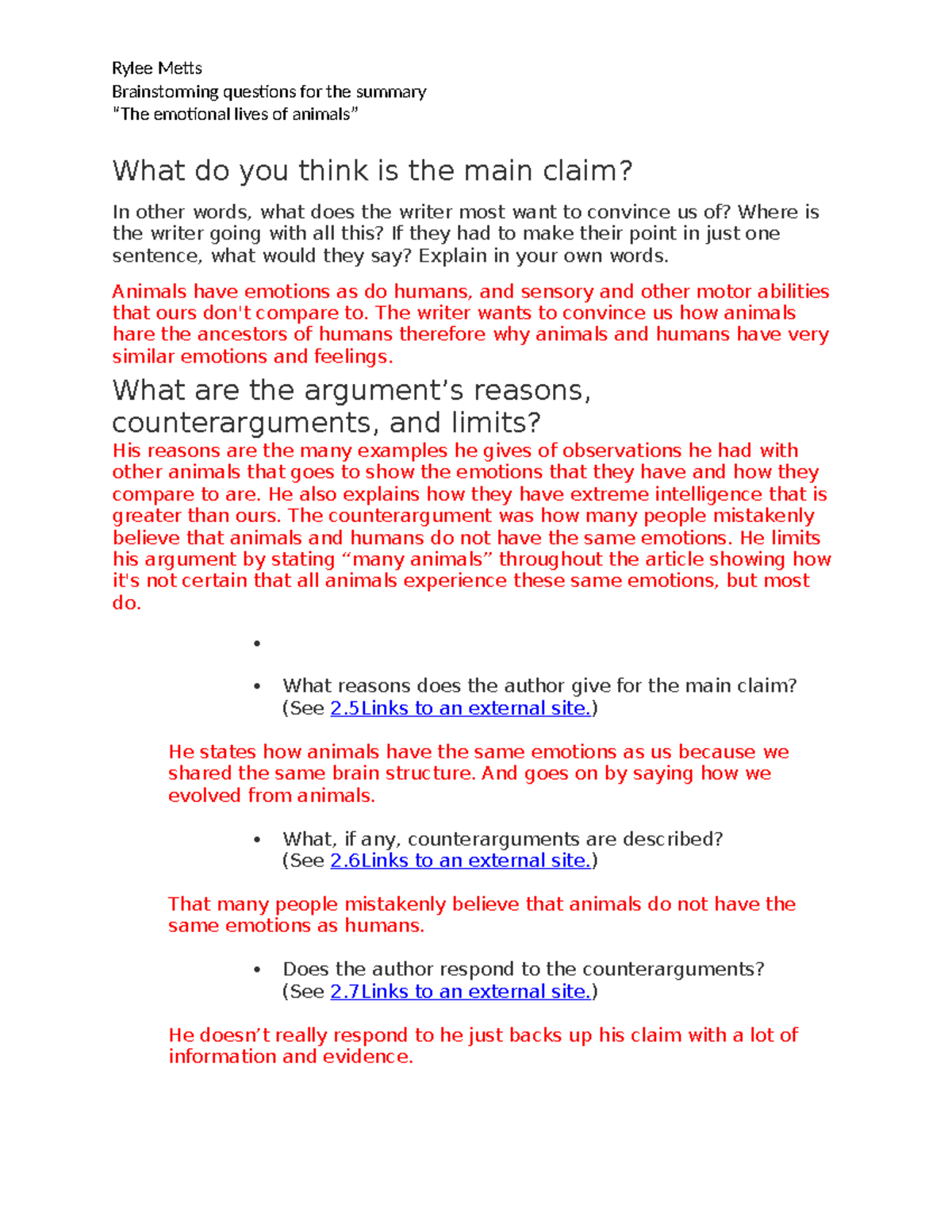 Brainstorming questions for the summary - Animals have emotions as do ...