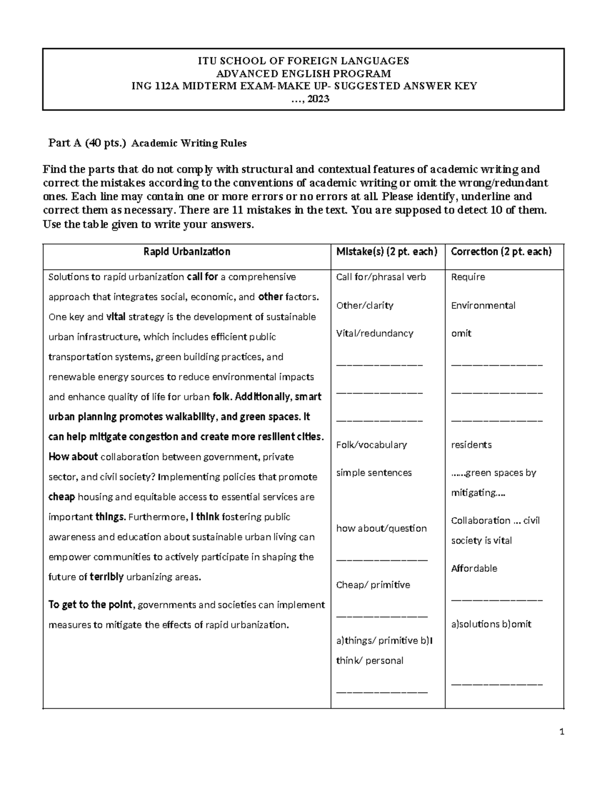 Fall 2023 ING 112A Midterm Exam Make Up Answer Key - ADVANCED ENGLISH ...