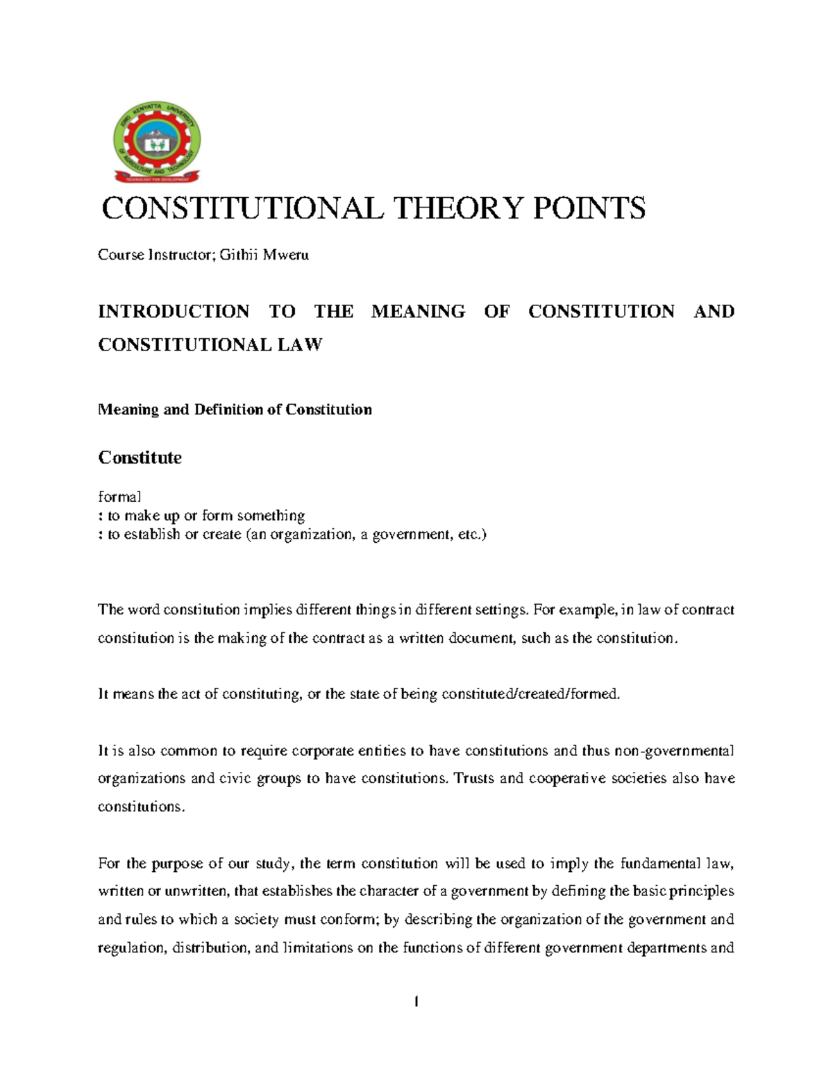 Constitutional Theory Points - 2022 - 1 - CONSTITUTIONAL THEORY POINTS Course Instructor; Githii ...