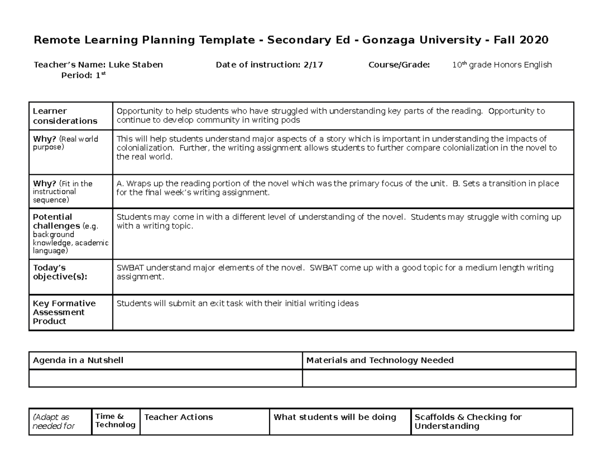 Unit Plan Lesson Plan 3 - Remote Learning Planning Template - Secondary ...