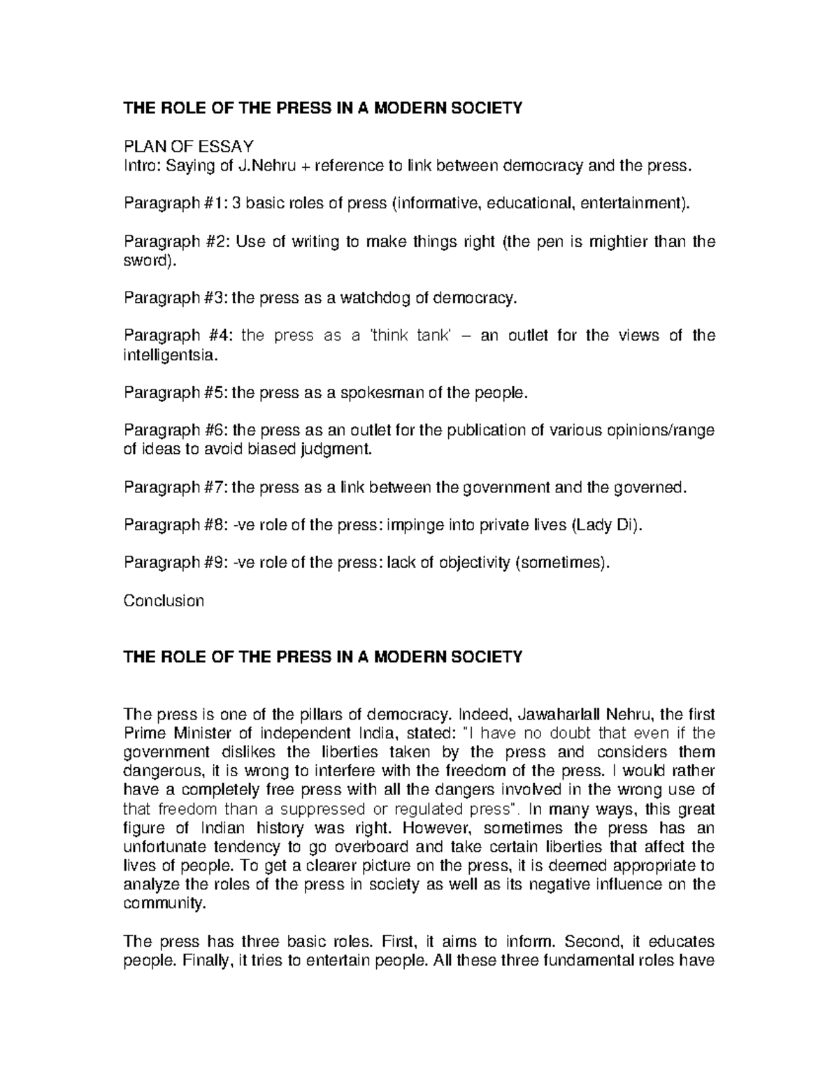 THE ROLE OF THE Press IN A Modern Society - THE ROLE OF THE PRESS IN A ...