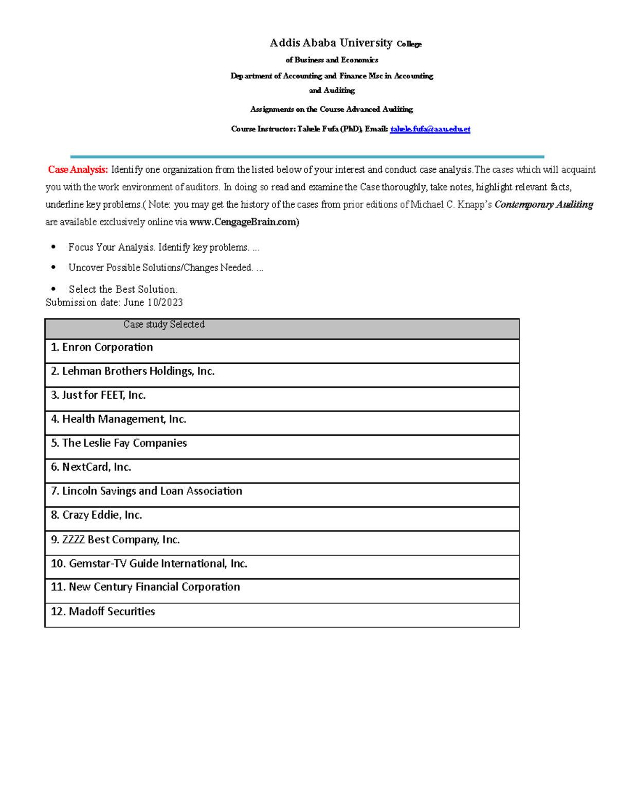 Advanced Auditing Case Analysis.March 24 2023 - Addis Ababa University ...