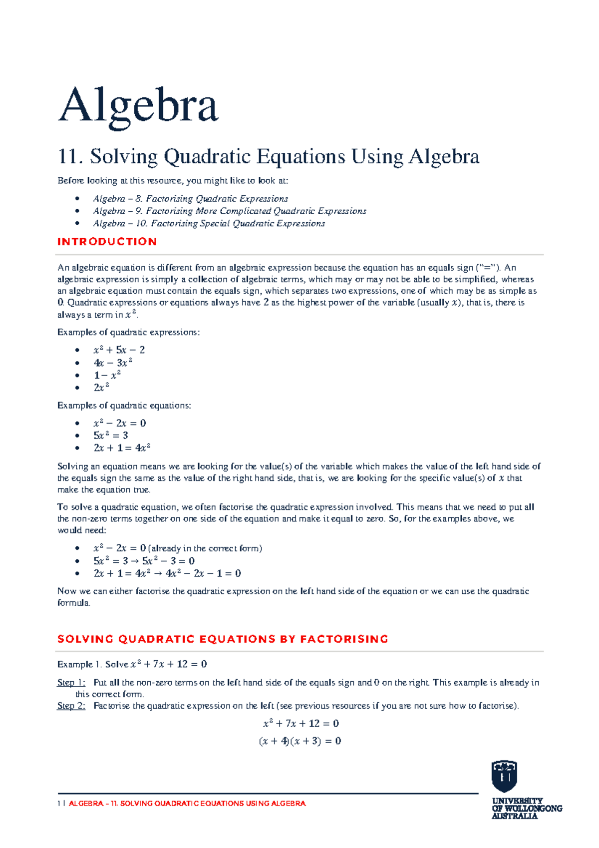 Algebra - 11. Solving Quadratic Equations - Algebra 11. Solving ...