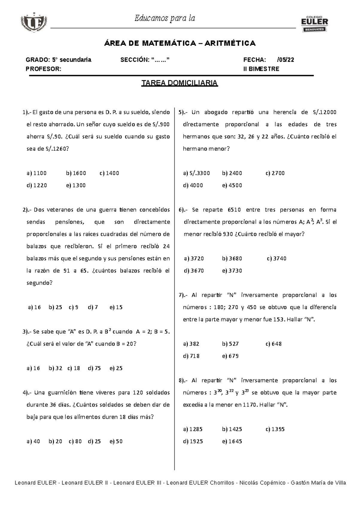 5 Secundaria - Aritmetica - ÁREA DE MATEMÁTICA – ARITMÉTICA GRADO: 5° secundaria SECCIÓN ...