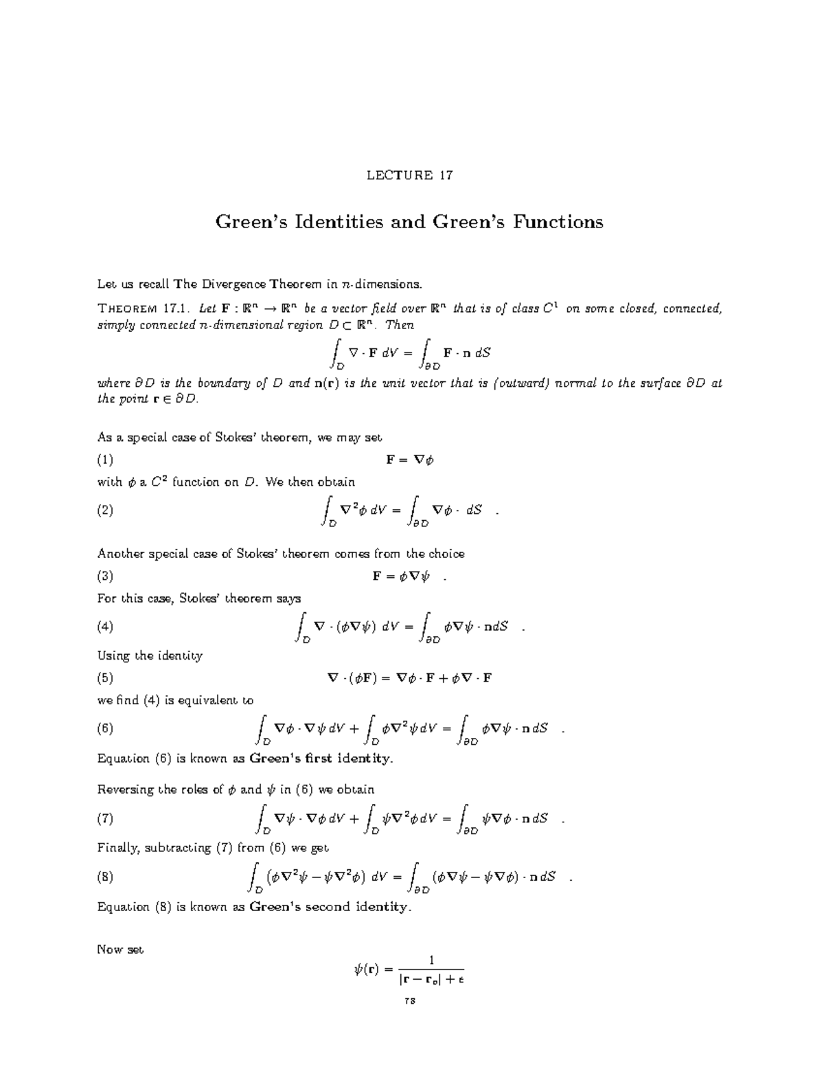 Green’s Identities and Green’s Functions Okstate - LECTURE 17 Green’s ...