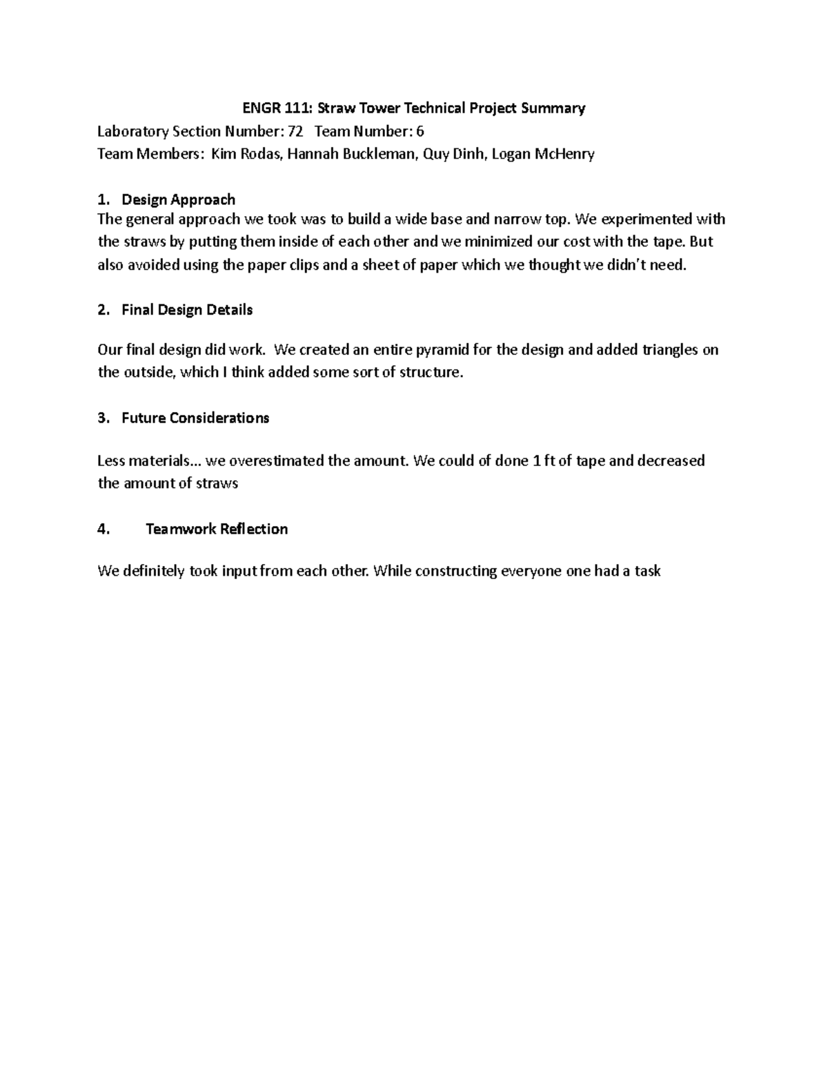 Straw Tower Technical Project Summary - ENGR 111: Straw Tower Technical ...