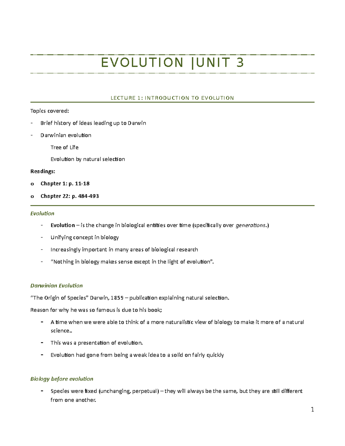 Unit 3: Evolution - EVOLUTION |UNIT 3 LECTURE 1: INTRODUCTION TO ...